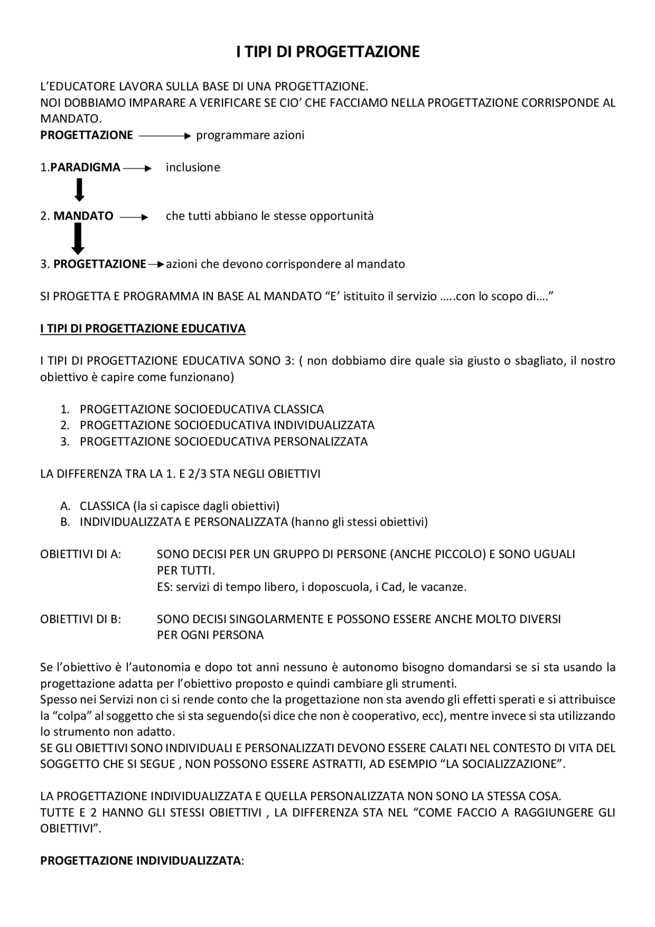 I TIPI DI PROGETTAZIONE | Appunti di Pedagogia | Docsity