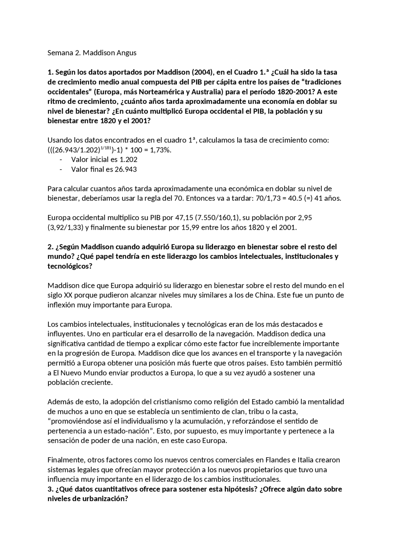 Maddison, Angus Prenguntas | Ejercicios de Historia Económica | Docsity