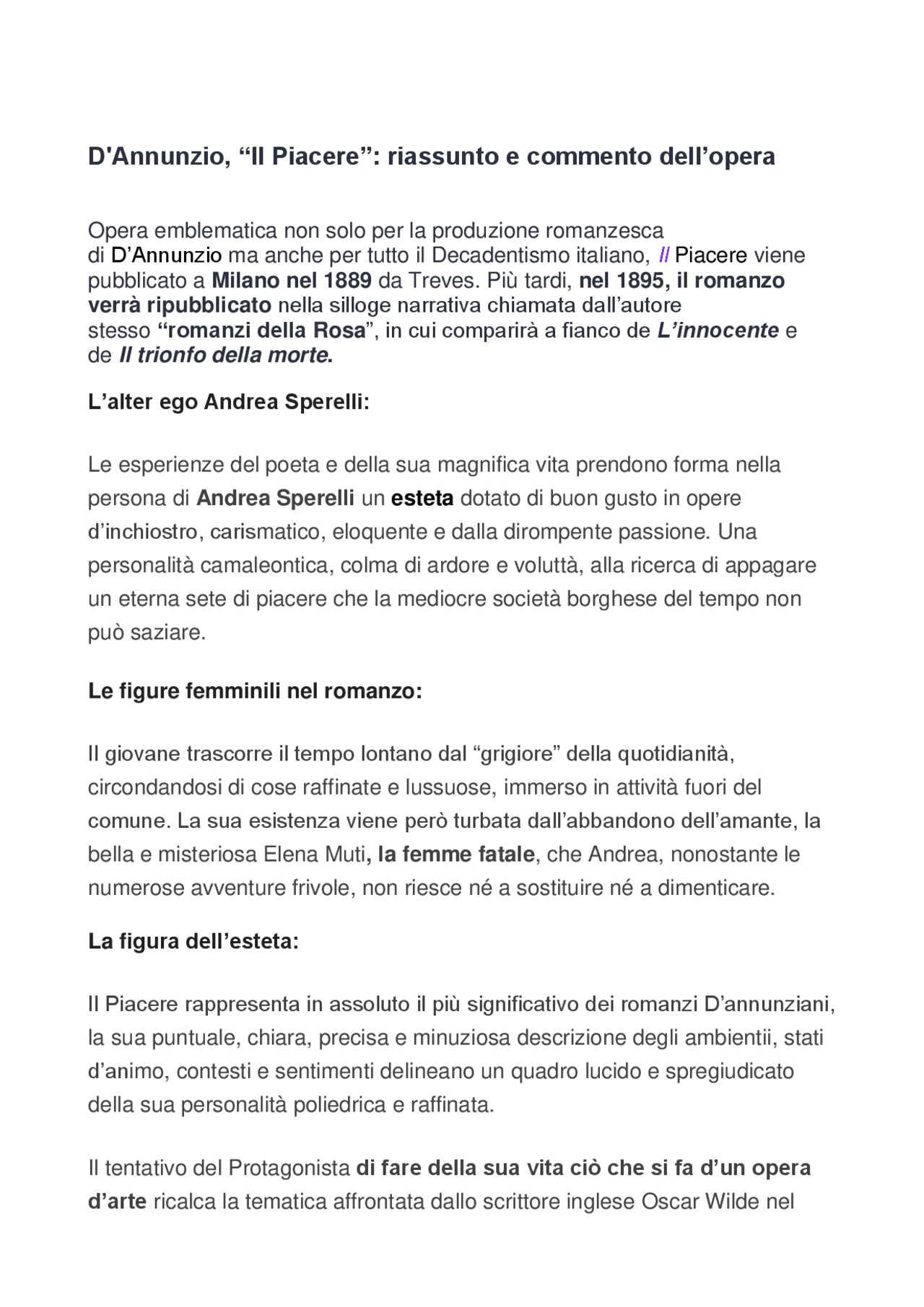Il Piacere Di Dannunzio Schemi E Mappe Concettuali Di Italiano Docsity