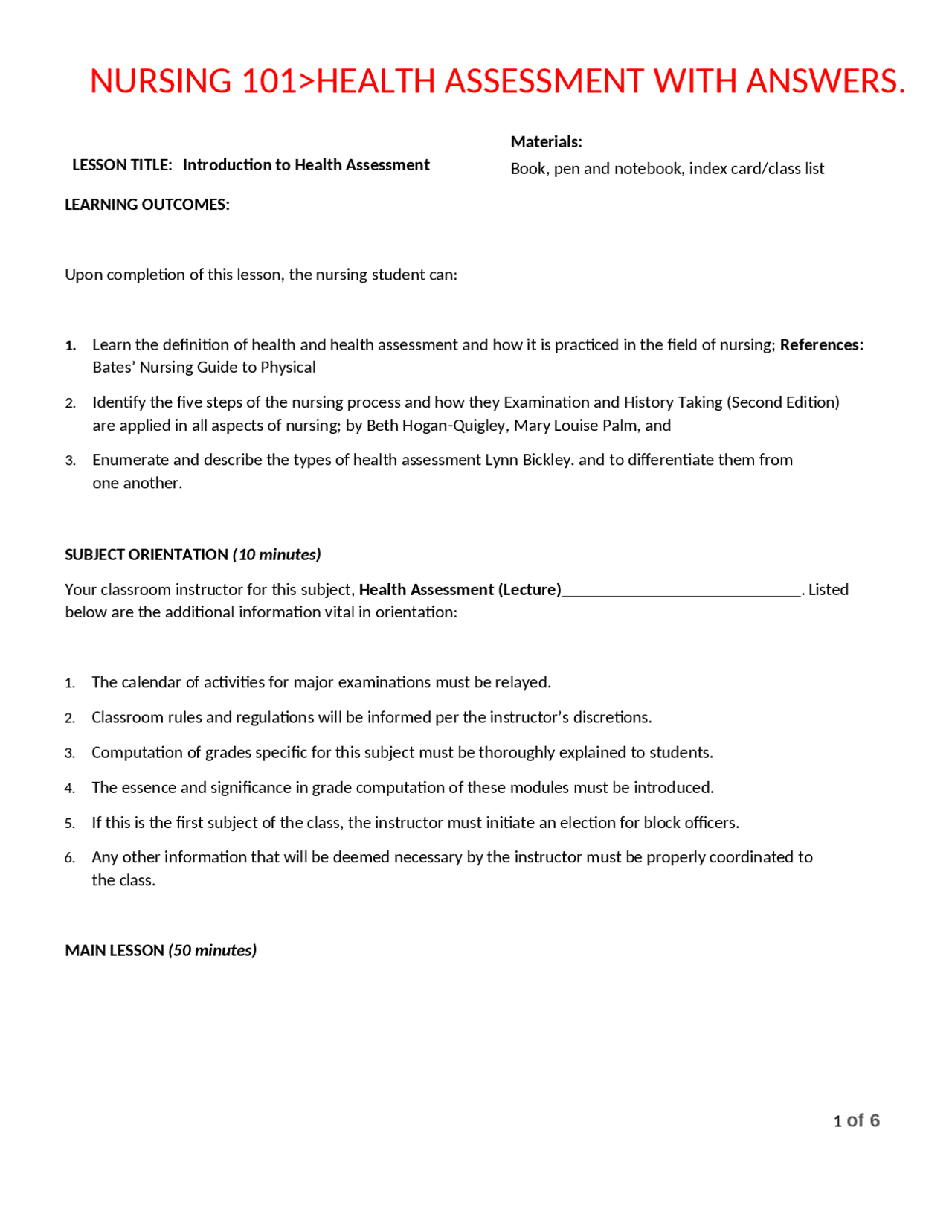 NURSING 101>HEALTH ASSESSMENT WITH ANSWERS | Exams Nursing | Docsity