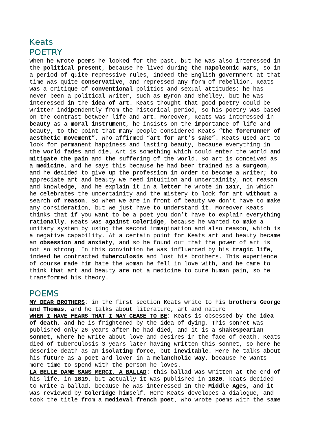 John Keats - poetry and 3 poems | Appunti di Inglese | Docsity