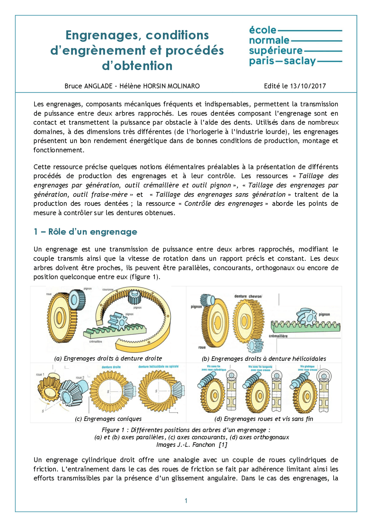 Engrenage et leur famille | Lecture notes Mechanics | Docsity