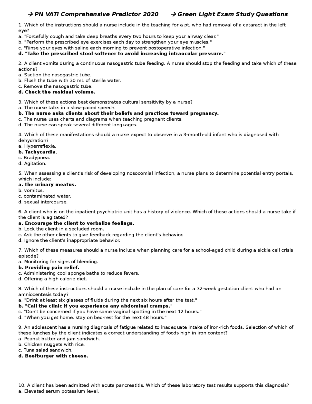PN VATI Comprehensive Predictor 2020 Green Light Exam Study 150 ...