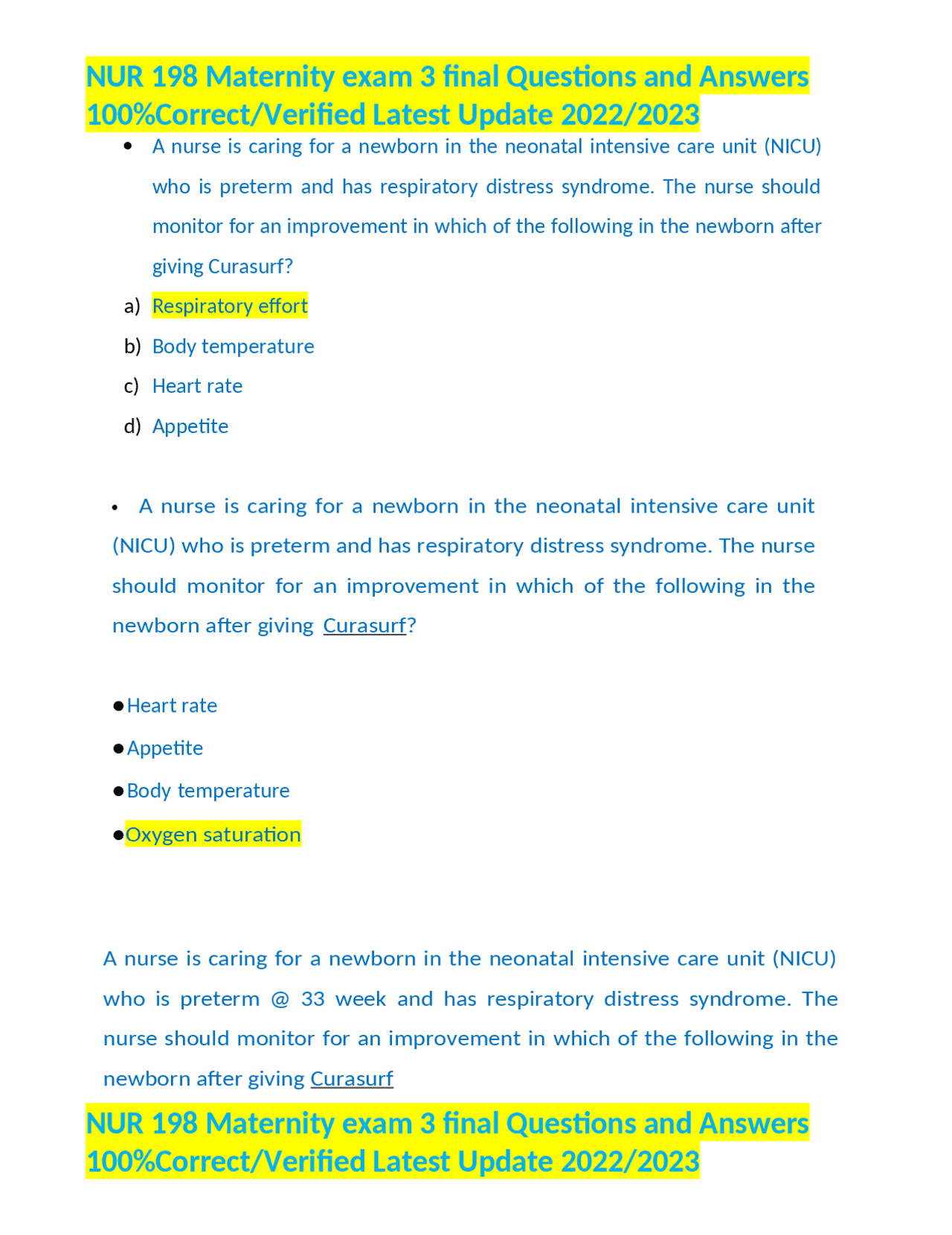 NUR 198 Maternity exam 3 final Questions and Answers 100%Correct ...