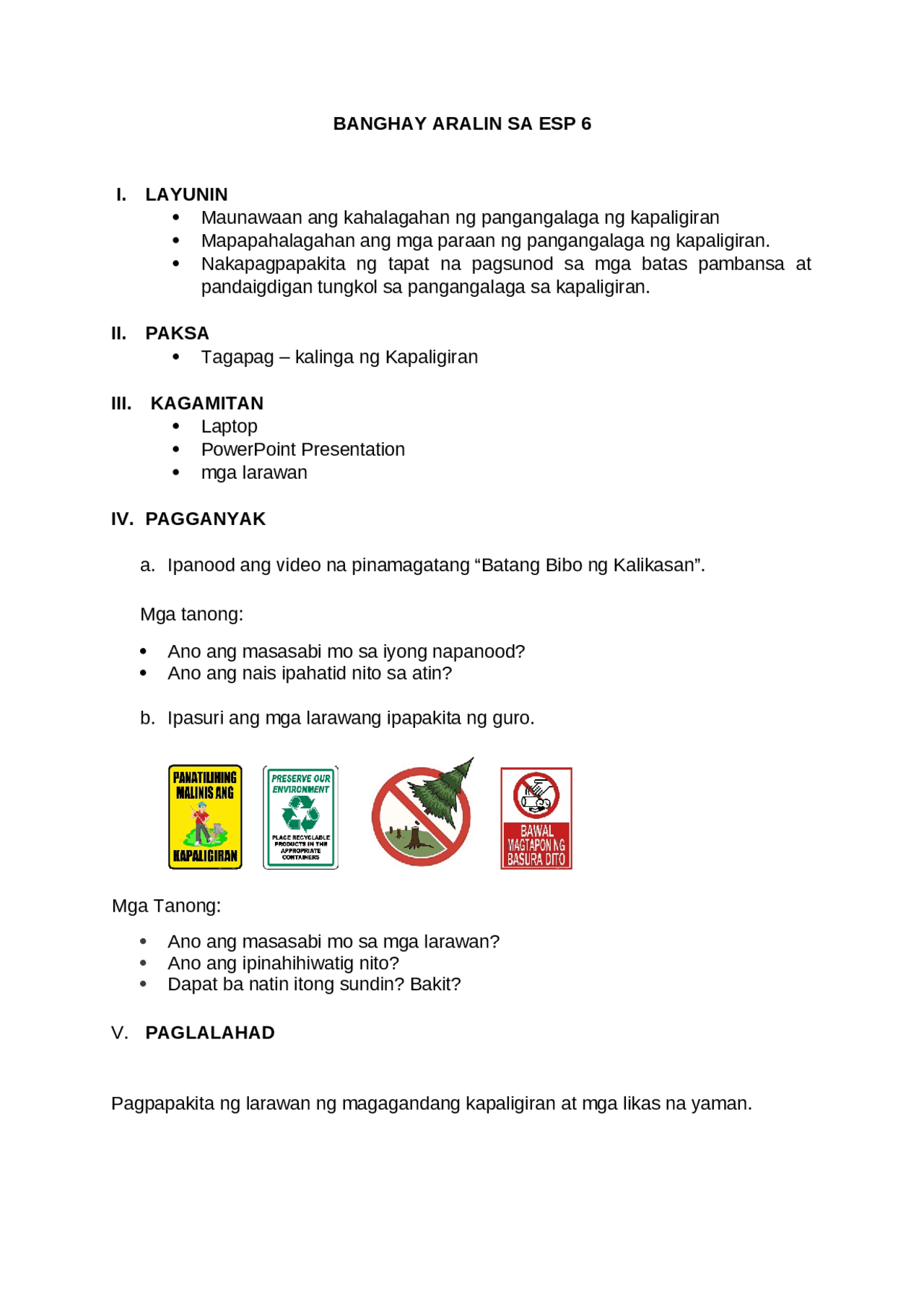 LESSON PLAN SA ESP 6 | Cheat Sheet English Language | Docsity