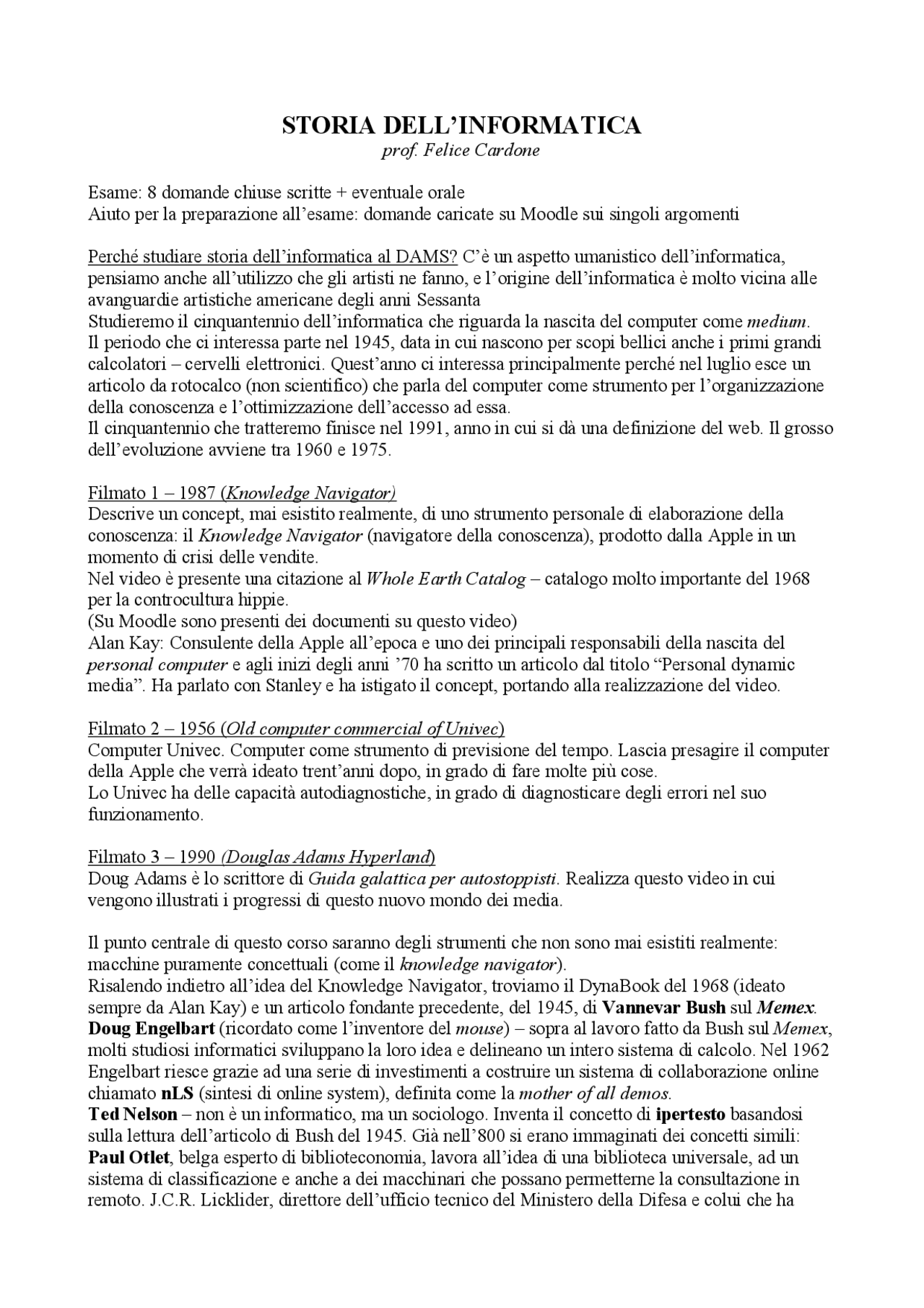 Appunti Storia dell’Informatica | Appunti di Fondamenti di informatica | Docsity