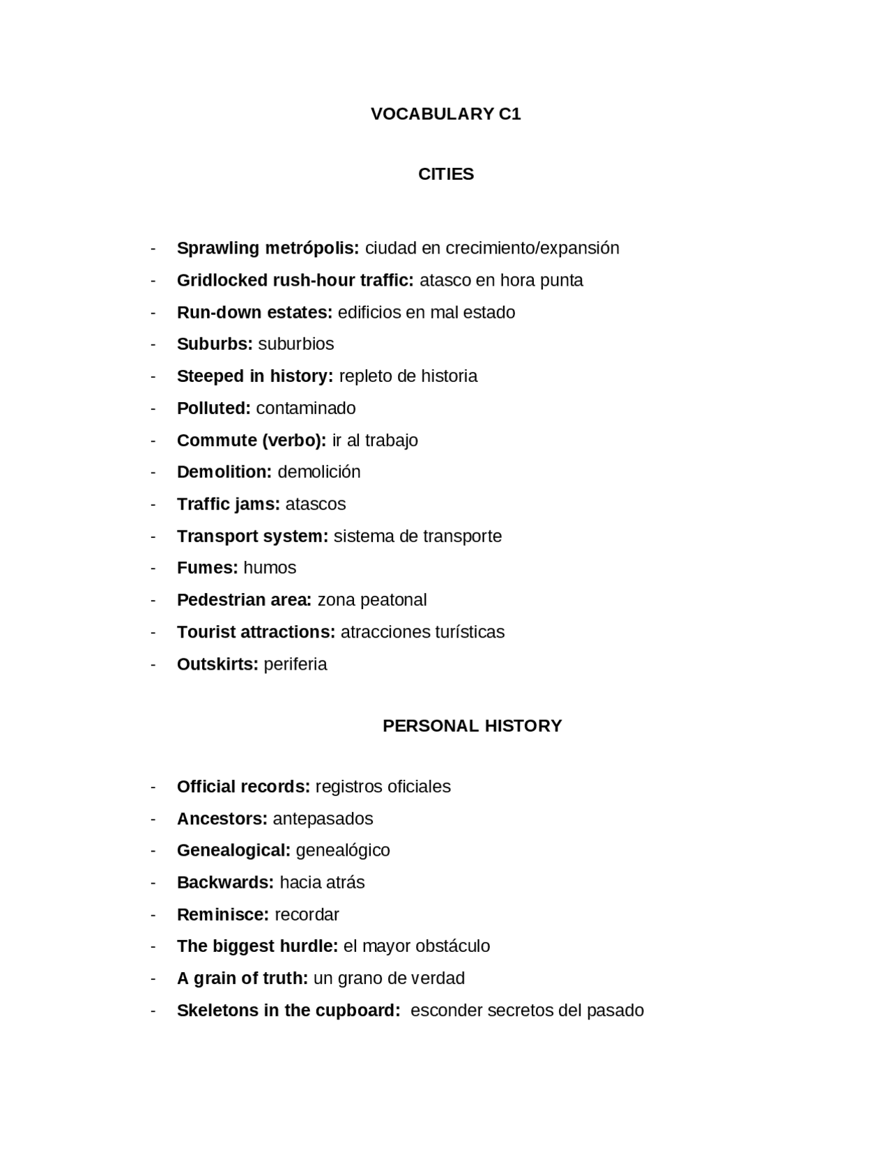 Lista de vocabulario nivel C1 | Apuntes de Inglés | Docsity