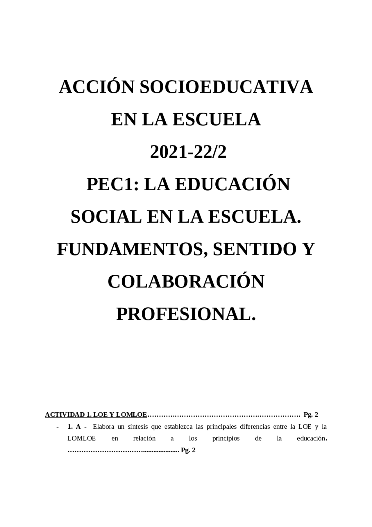 Pec 1 Acción Socioeducativa En La Escuela Ejercicios De Sociología