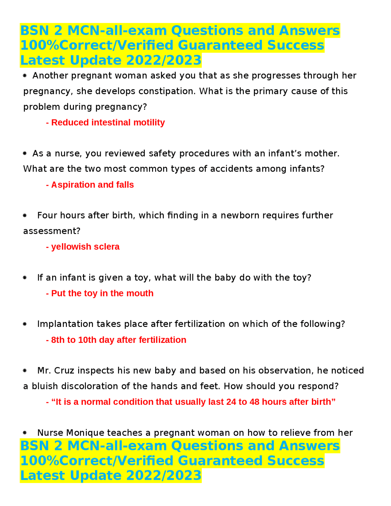 Bsn 2 Mcn All Exam Questions And Answers 100correctverified