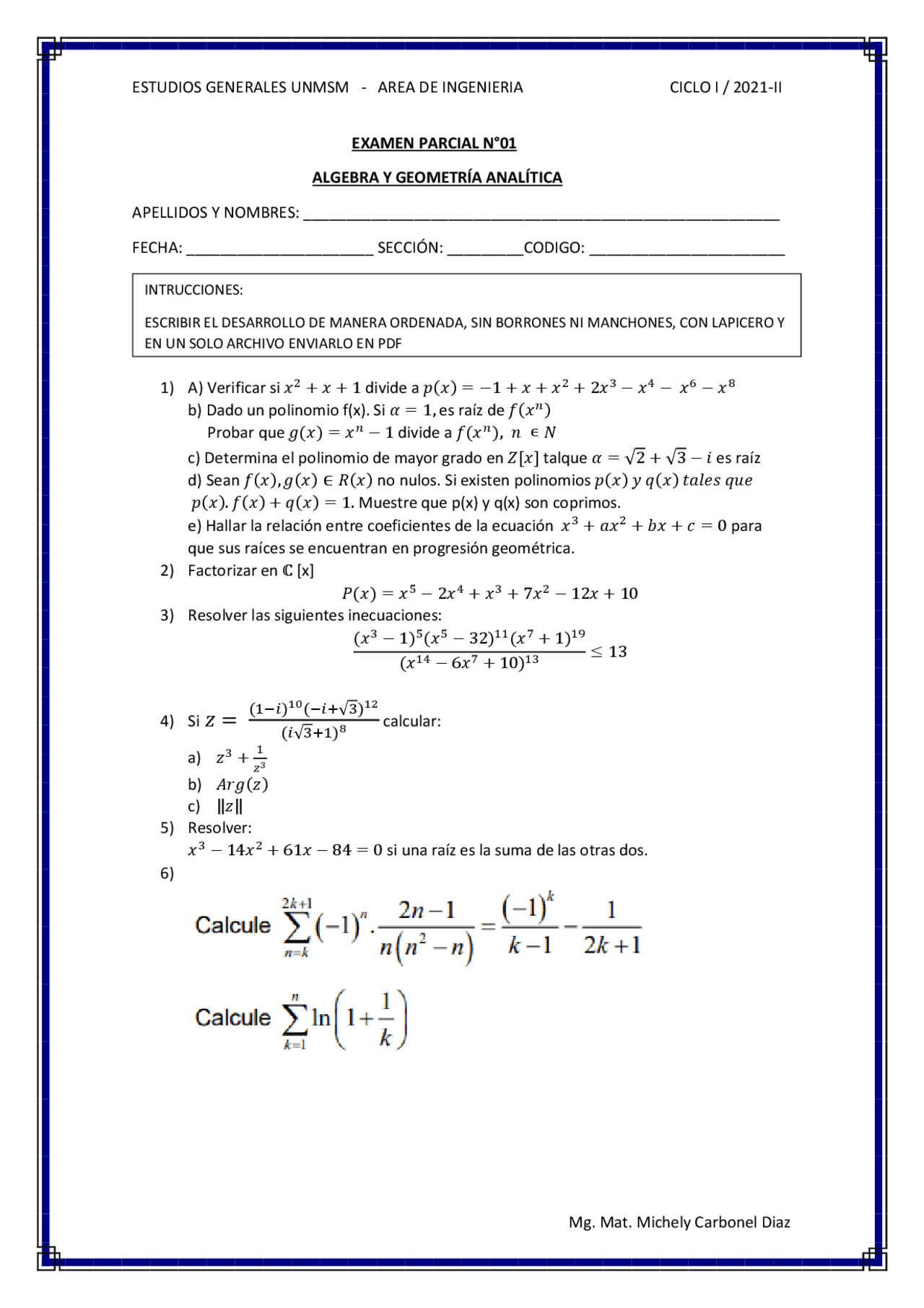 Examen Parcial Ciclo 1 Unmsm Exámenes De Álgebra Lineal Docsity