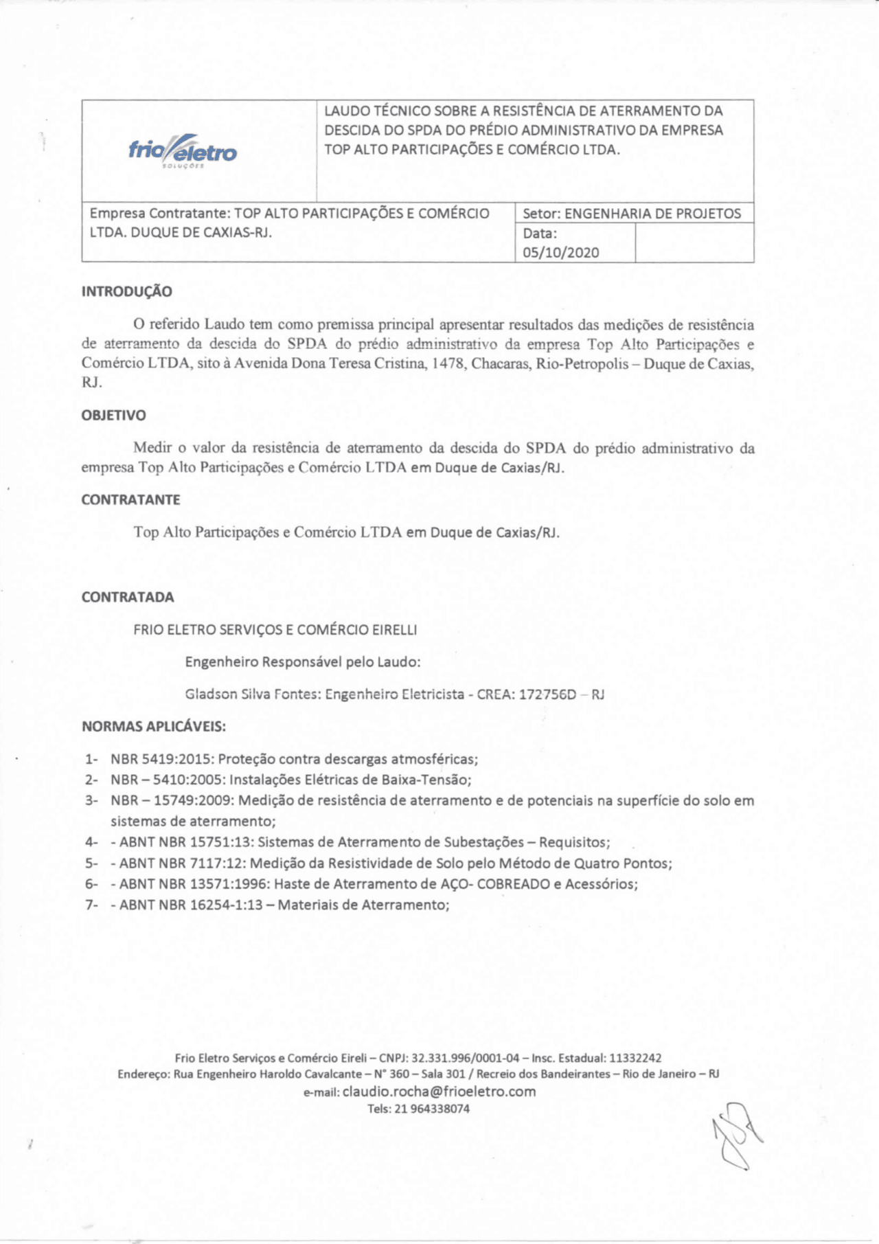 Laudo técnico de sistema de proteção contra descargas atmosféricas SPDA ...