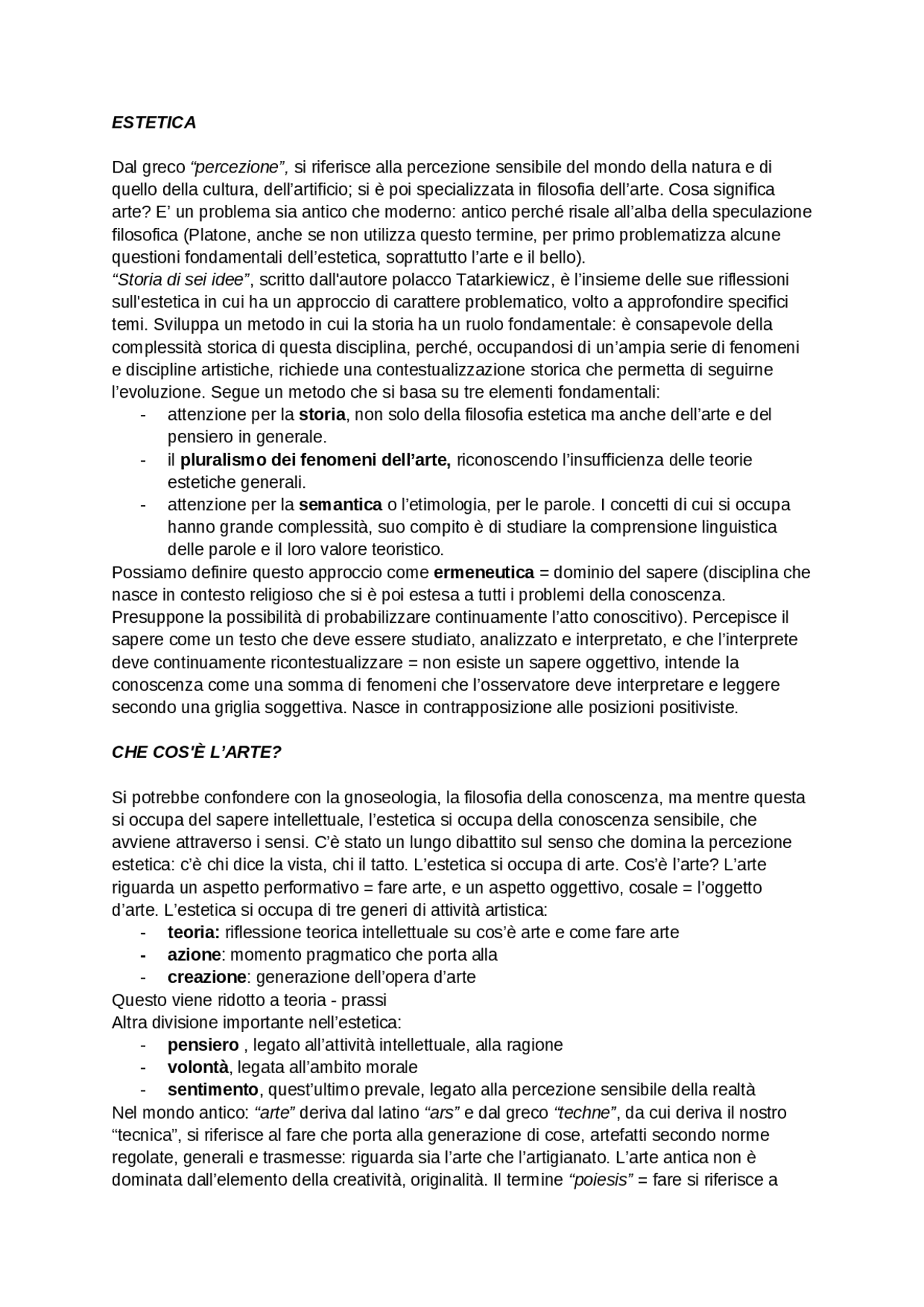 Estetica, la filosofia dell'arte e del bello (9 cfu) | Appunti di ...