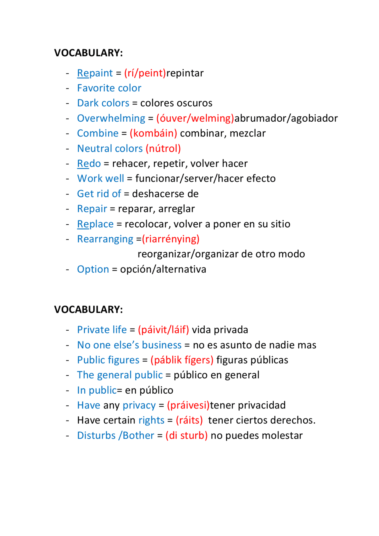 VOCABULARY - INTERMEDIATE1 | Apuntes de Inglés | Docsity