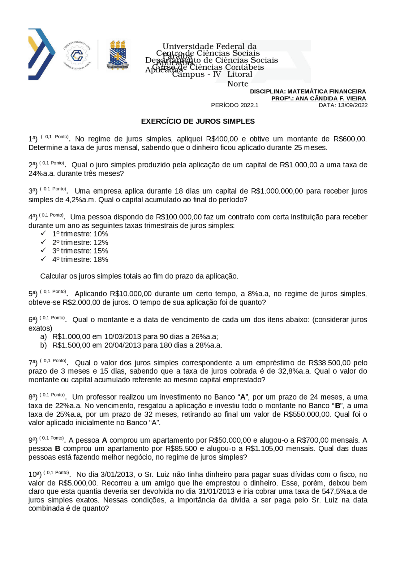 Matematica Financeira Exercícios Matemática Docsity