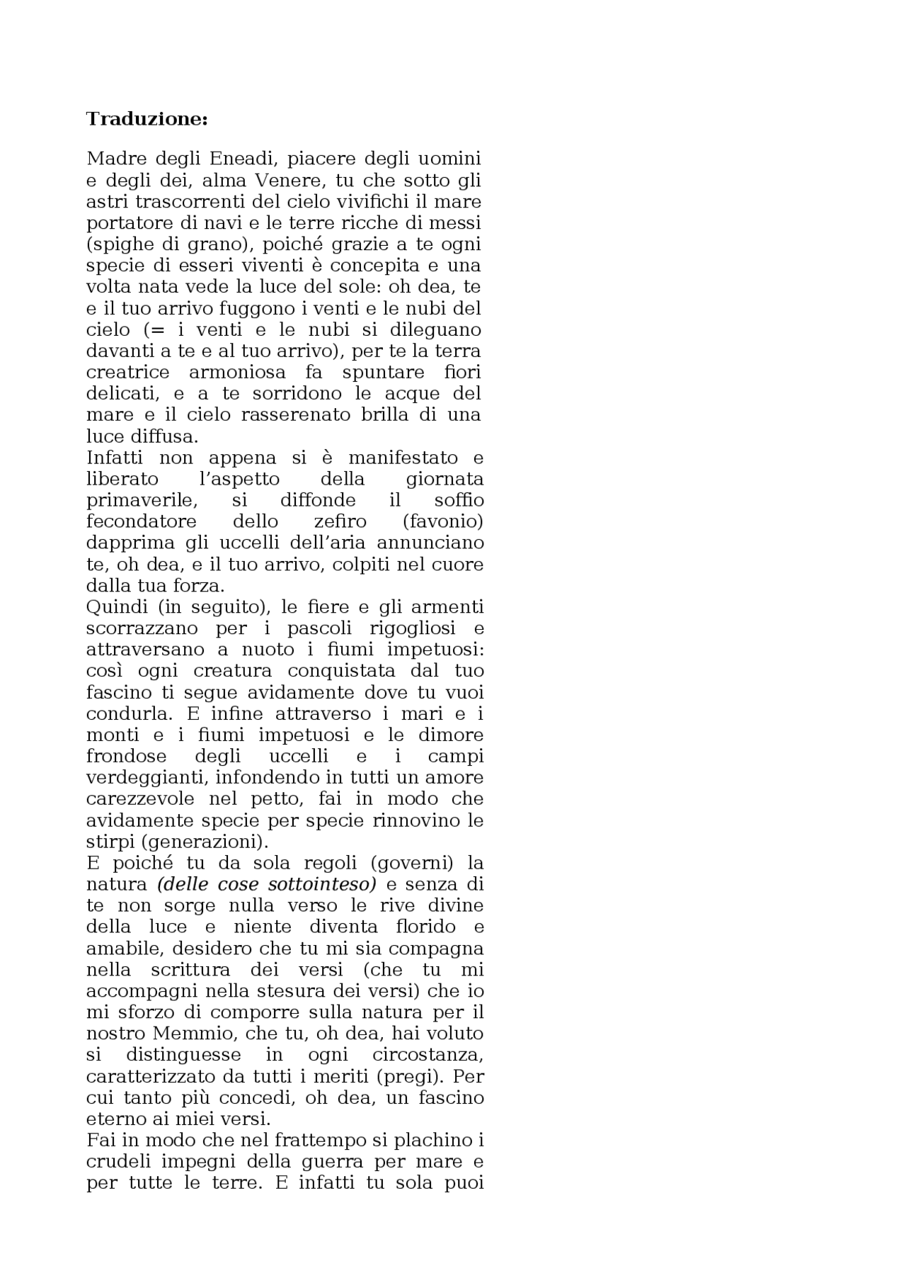 Traduzione Inno a Venere | Schemi e mappe concettuali di Latino | Docsity