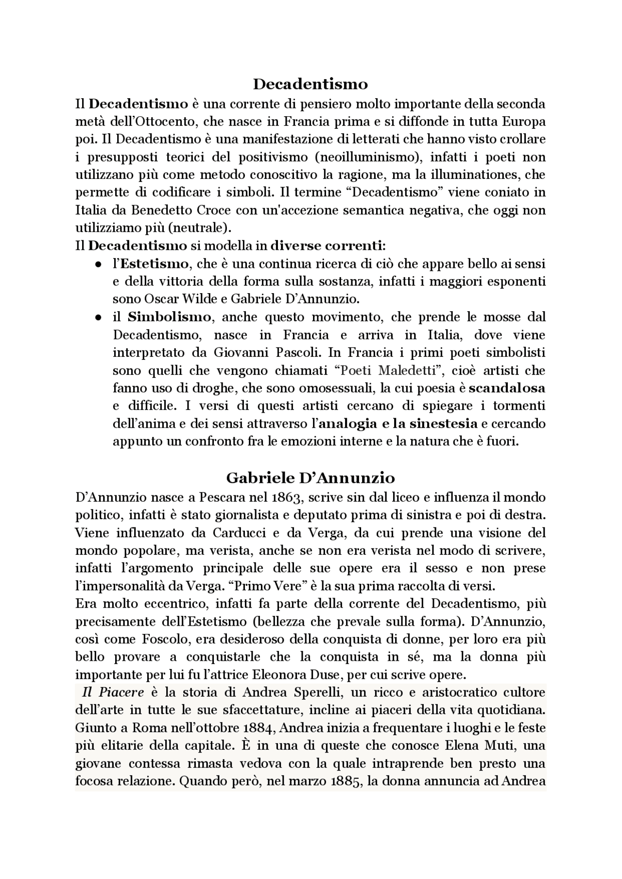 Decadentismo Italiano Schemi E Mappe Concettuali Di Italiano Docsity