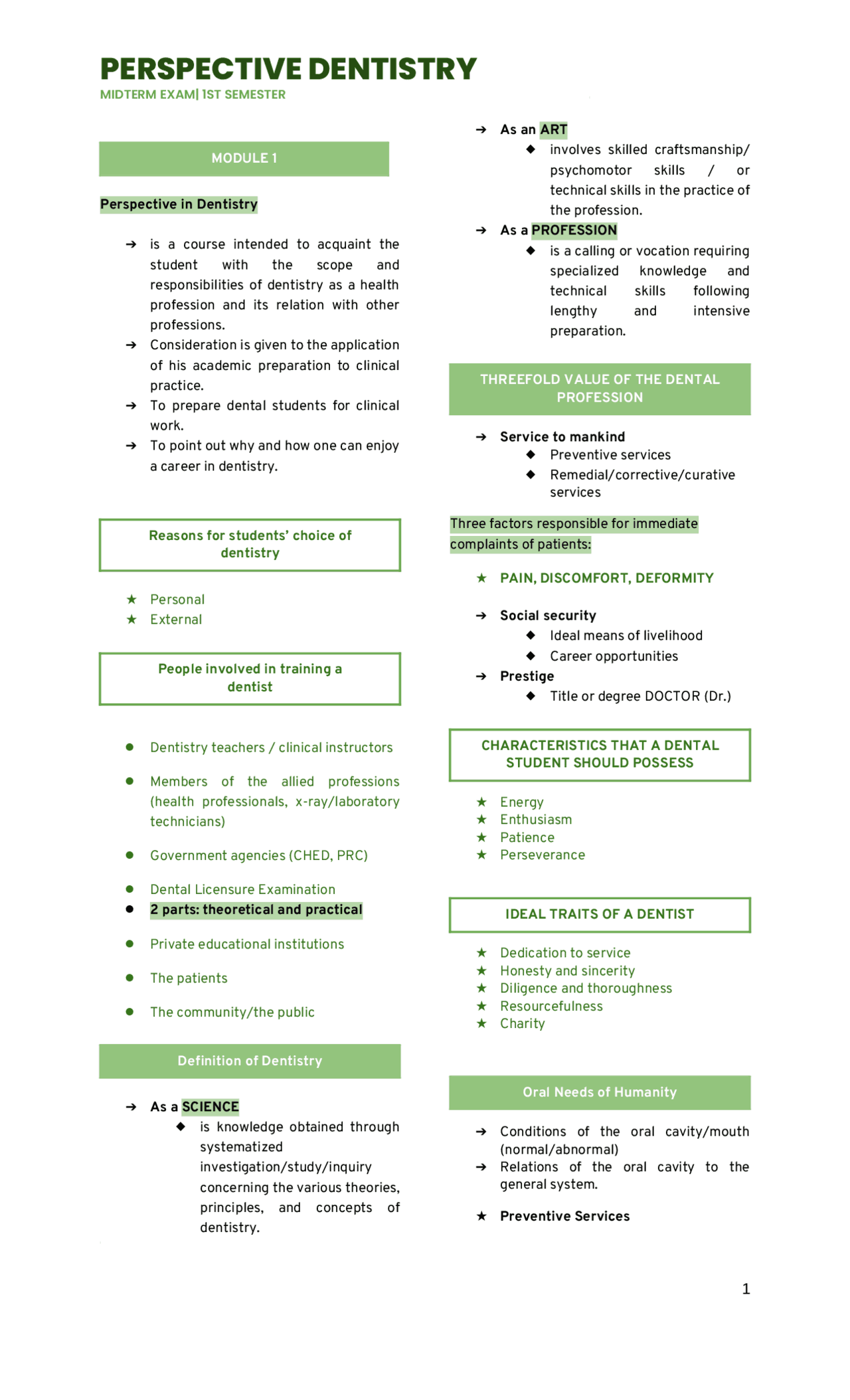 Perspective in Dentistry - course description | Summaries Dentistry ...