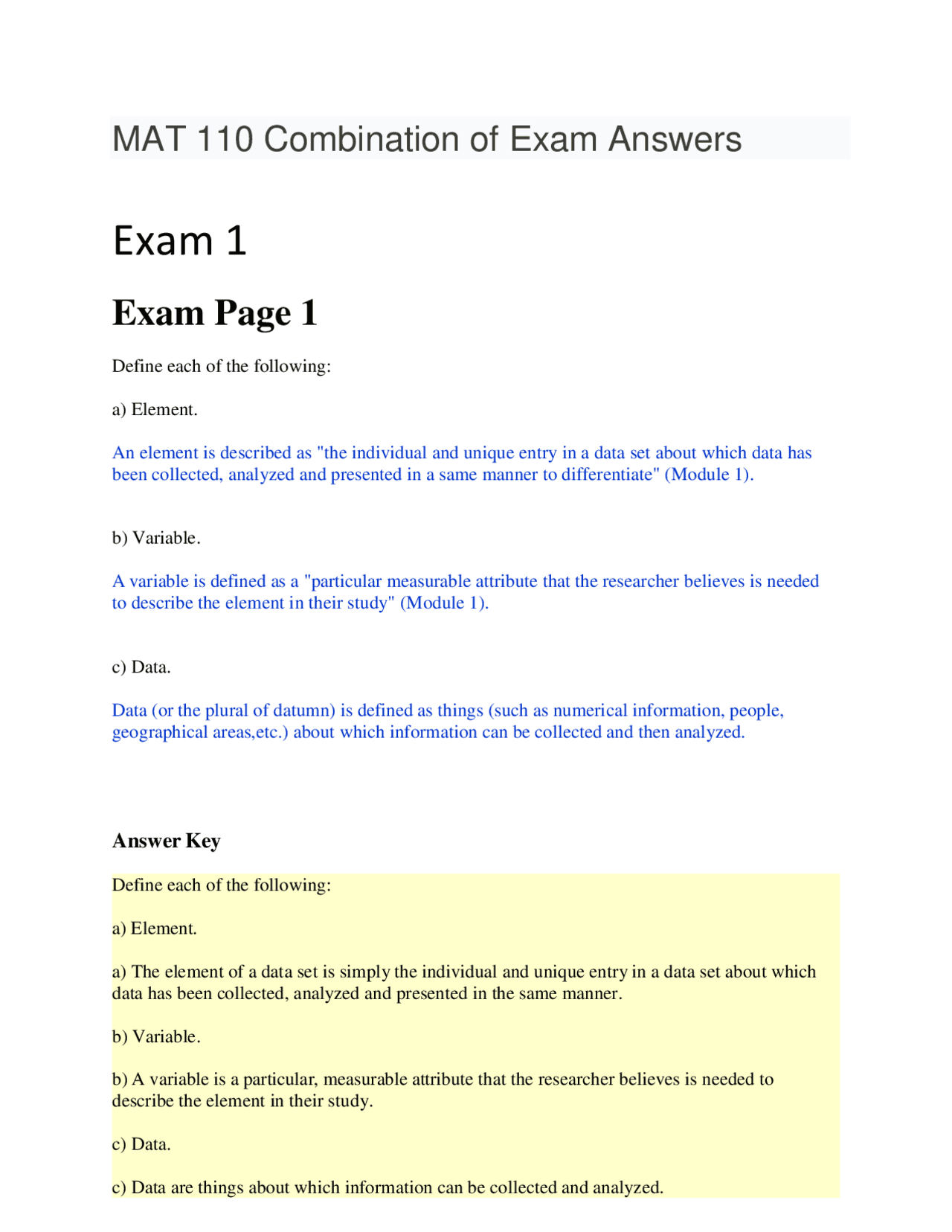 Math 110 Combination Of Exam Answers Exams Nursing Docsity