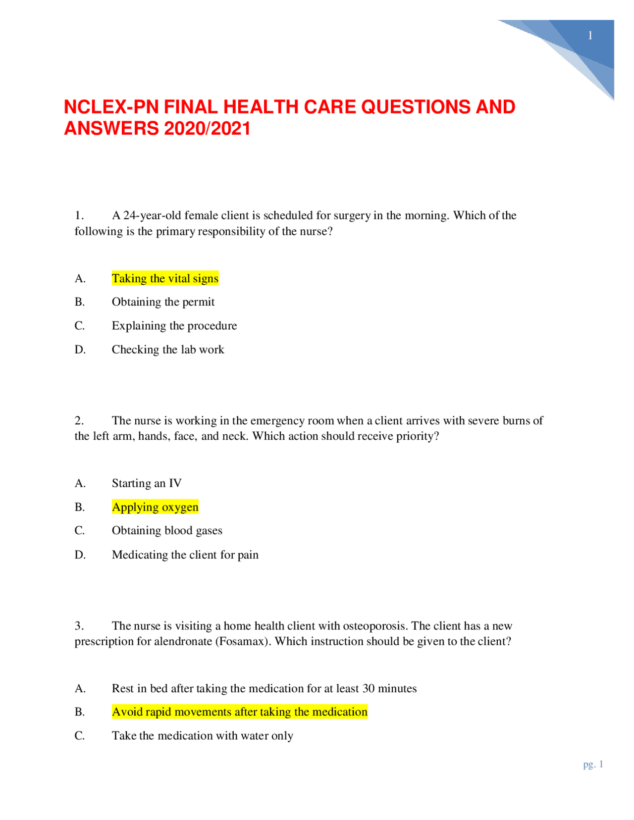 NCLEX-PN FINAL HEALTH CARE QUESTIONS AND ANSWERS 2020/2021 | Exams ...