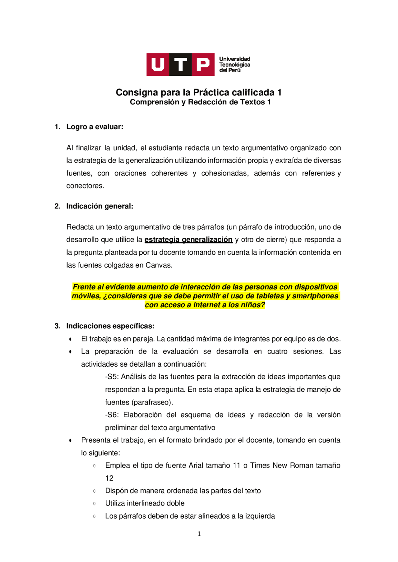 Consigna Para La Práctica Calificada 1 Comprensión Y Redacción De