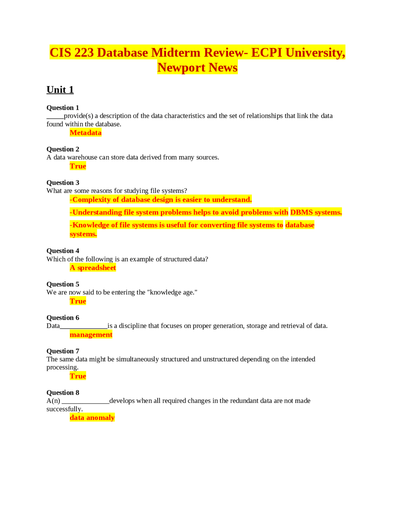Cis 223 Database Midterm Review Ecpi University Newport News Exams Communication Docsity