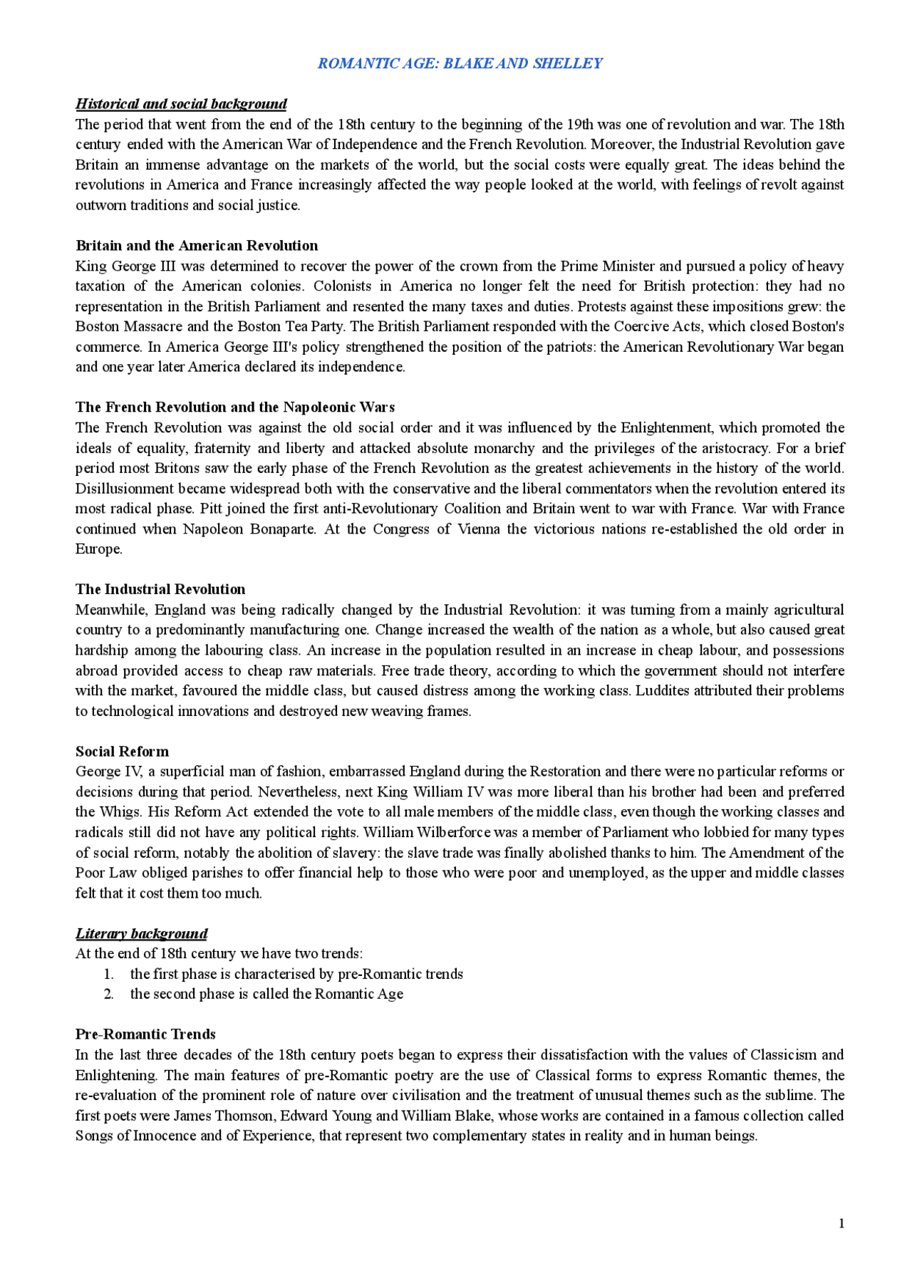 Romantic Age Blake And Shelley Appunti Di Inglese Docsity