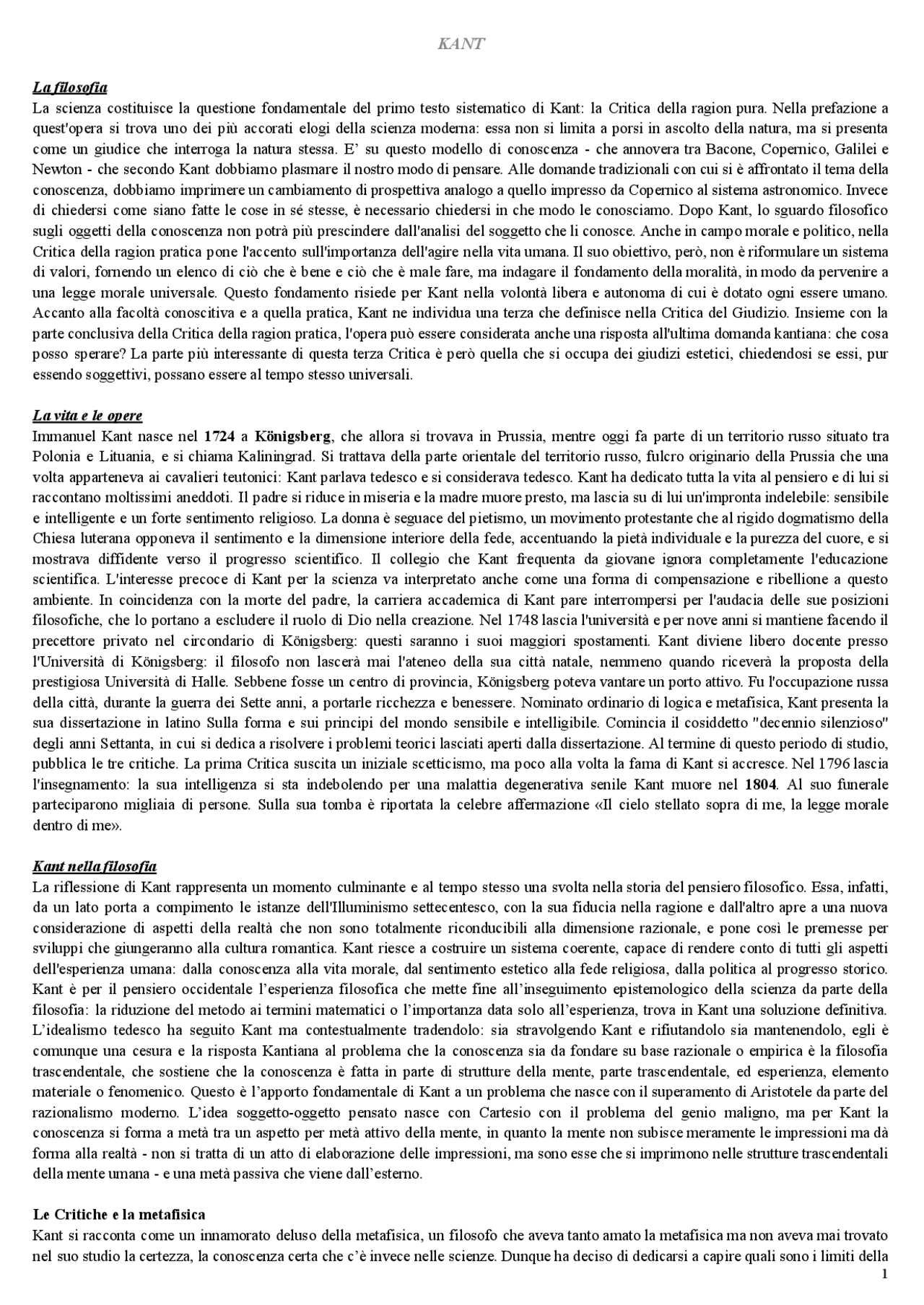 Immanuel Kant Pensiero Ed Opere Appunti Di Filosofia Docsity