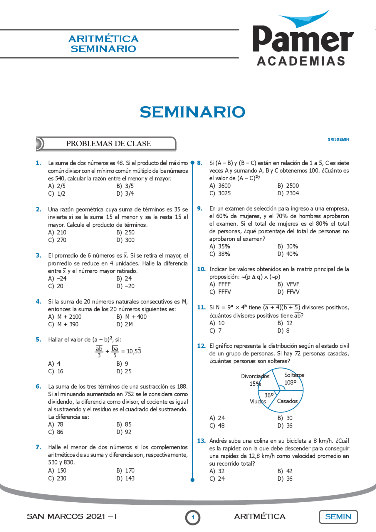 MATEMÁTICA ARITMETICA EXAMEN DE ADMISION UNMSM | Exámenes selectividad de Matemáticas | Docsity