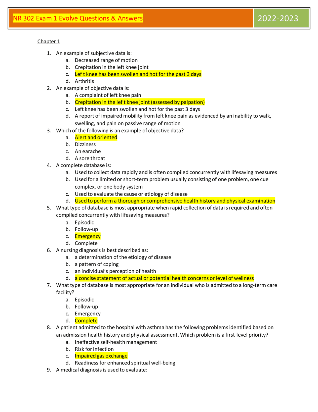 Nr 302 Exam 1 Evolve Questions And Answers Graded A Exams Nursing Docsity