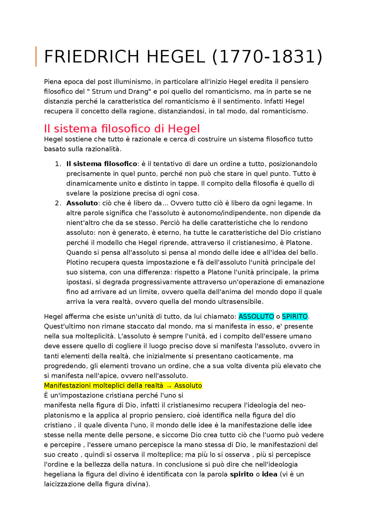 Il pensiero filosofico di Hegel | Appunti di Estetica | Docsity