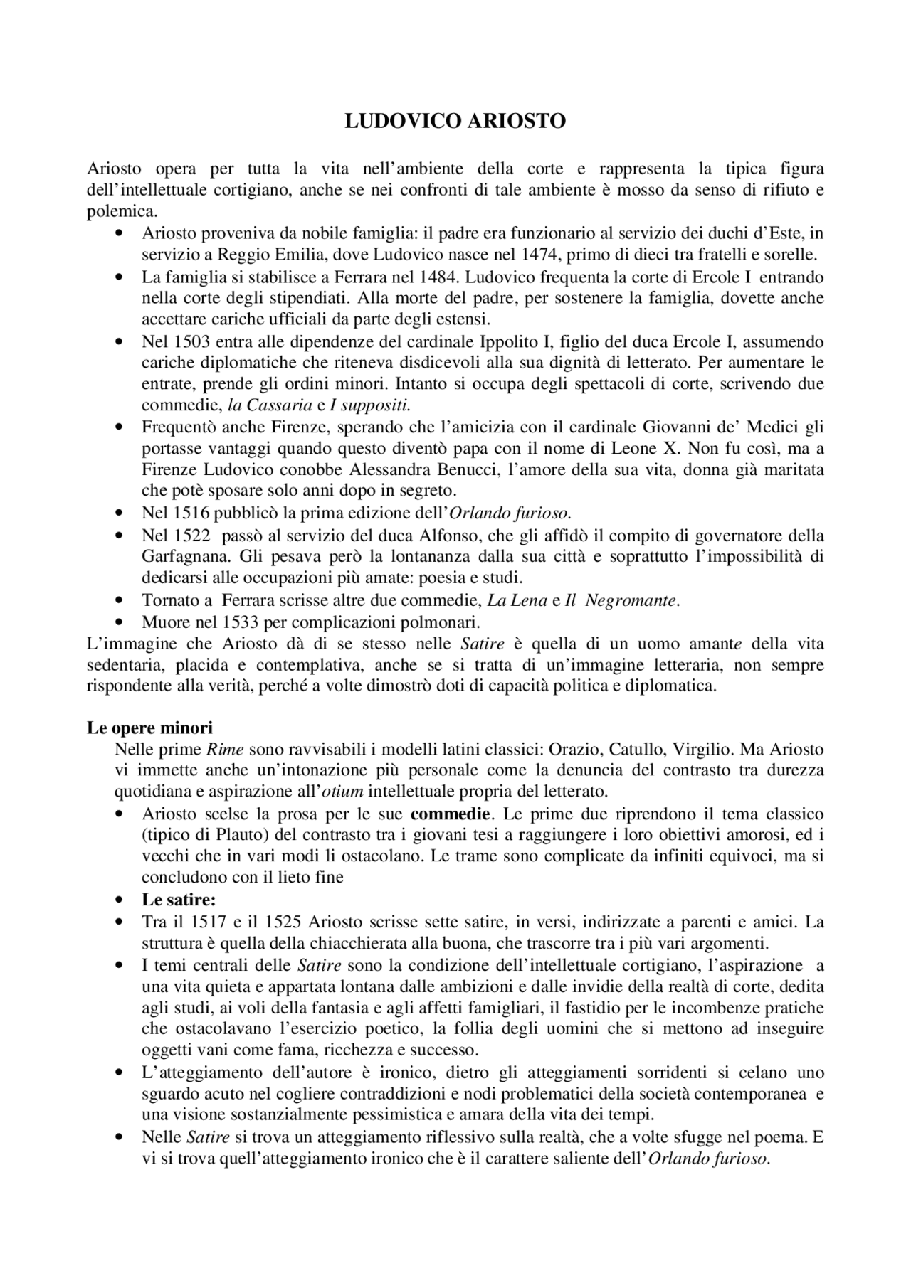 Ludovico Ariosto Completo Appunti Di Italiano Docsity