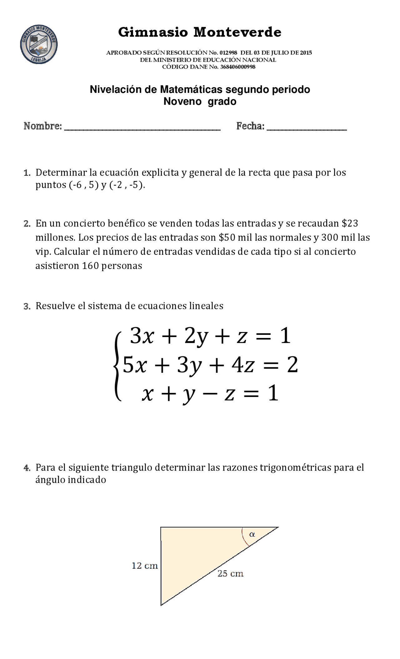 Nivelación Matemáticas Noveno Exámenes De Matemáticas Docsity