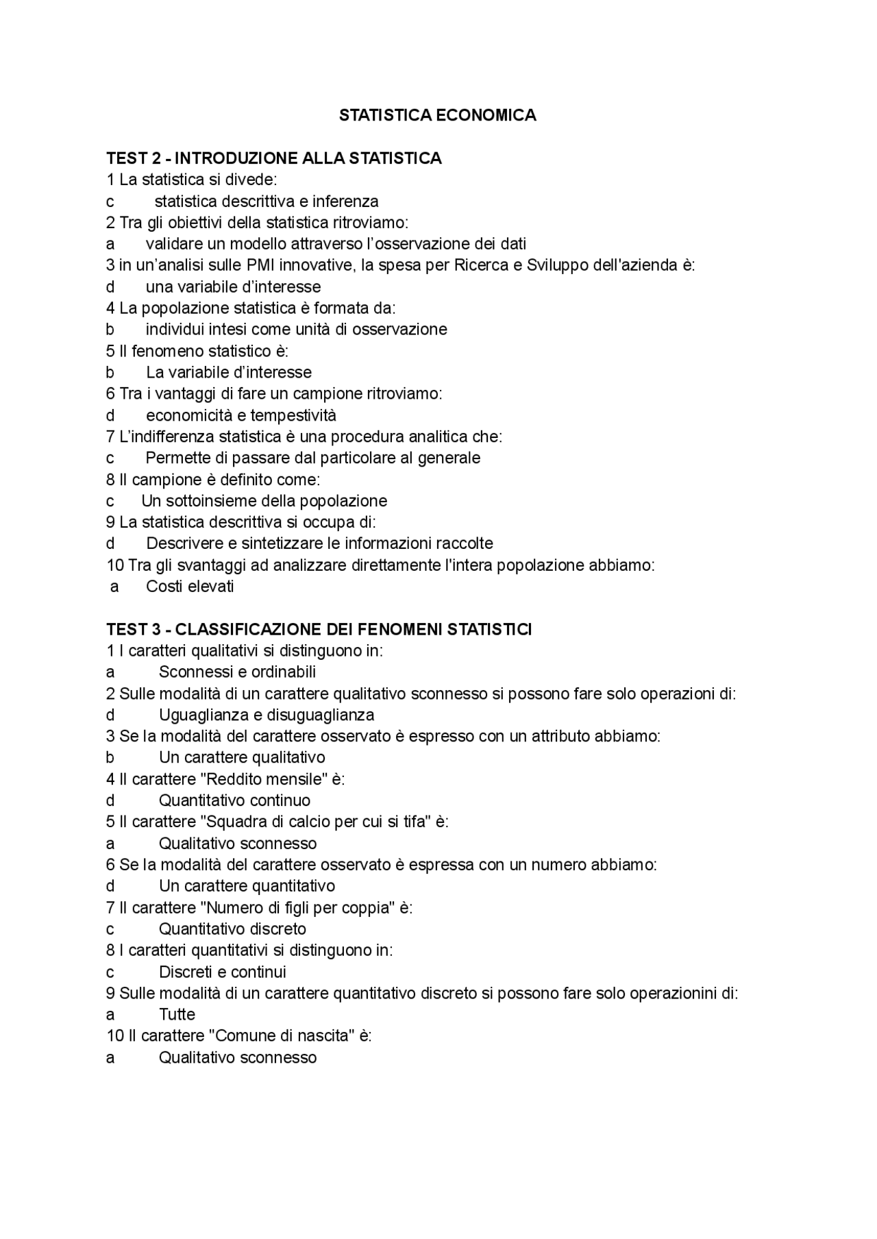 Test e risposta Statistica economica | Schemi e mappe concettuali di ...