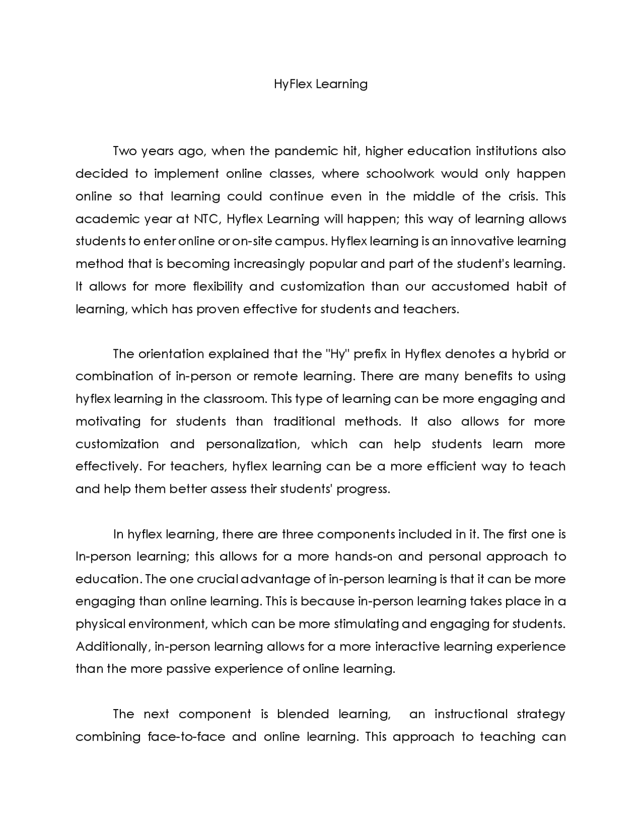 Hyflex and Flexible Learning | High school final essays History | Docsity