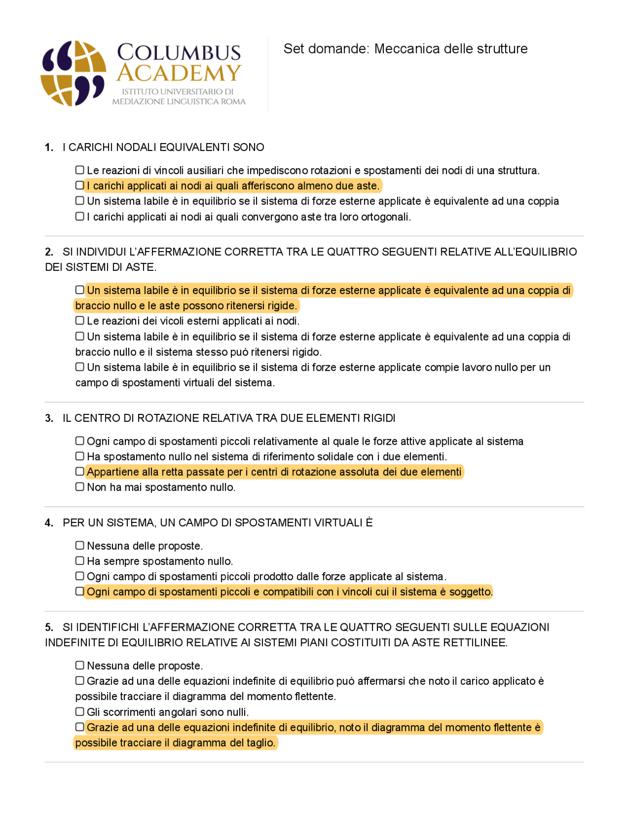 Paniere Svolto Risposte Multiple Di Meccanica Delle Strutture Prof