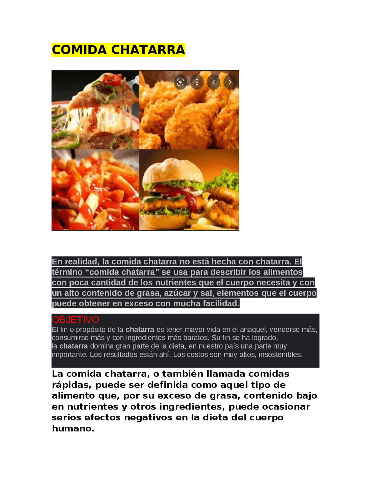 Resumen de comida chatarra | Esquemas y mapas conceptuales de Comunicación | Docsity