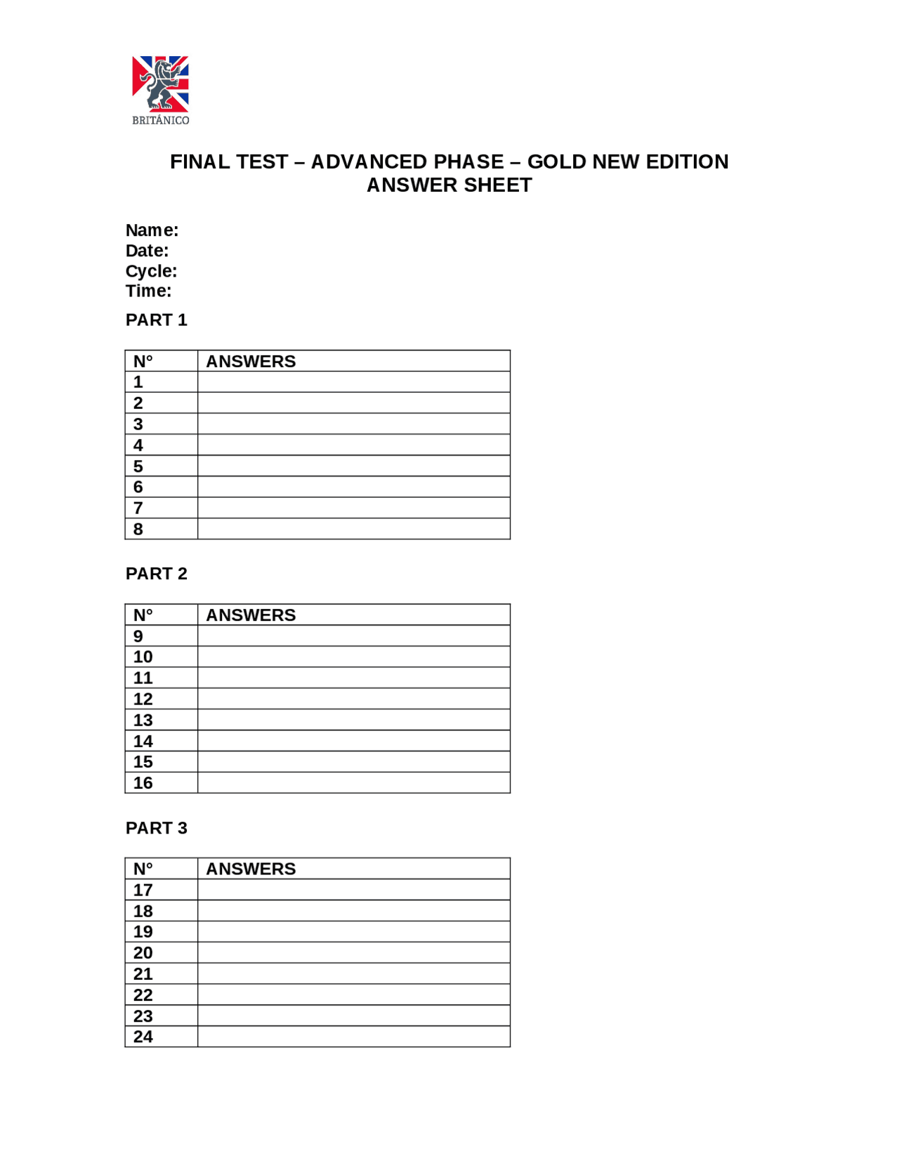Advanced Phase Final Test with Answer Sheet - Gold New Edition ...
