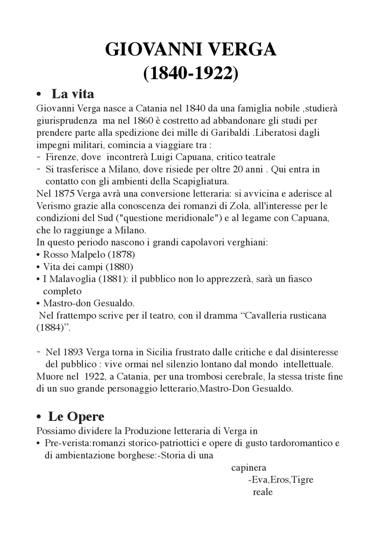 La vita e le opere di Giovanni Verga | Appunti di Italiano | Docsity