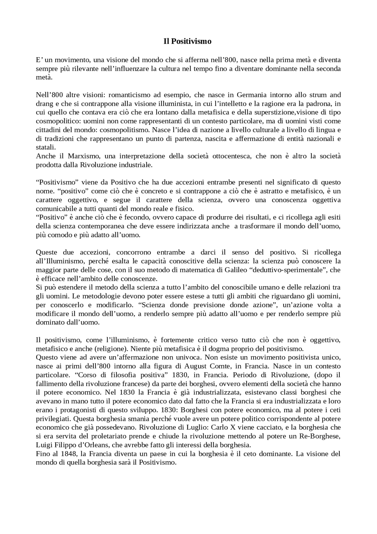 Positivismo Comte E Darwin Appunti Di Filosofia Docsity