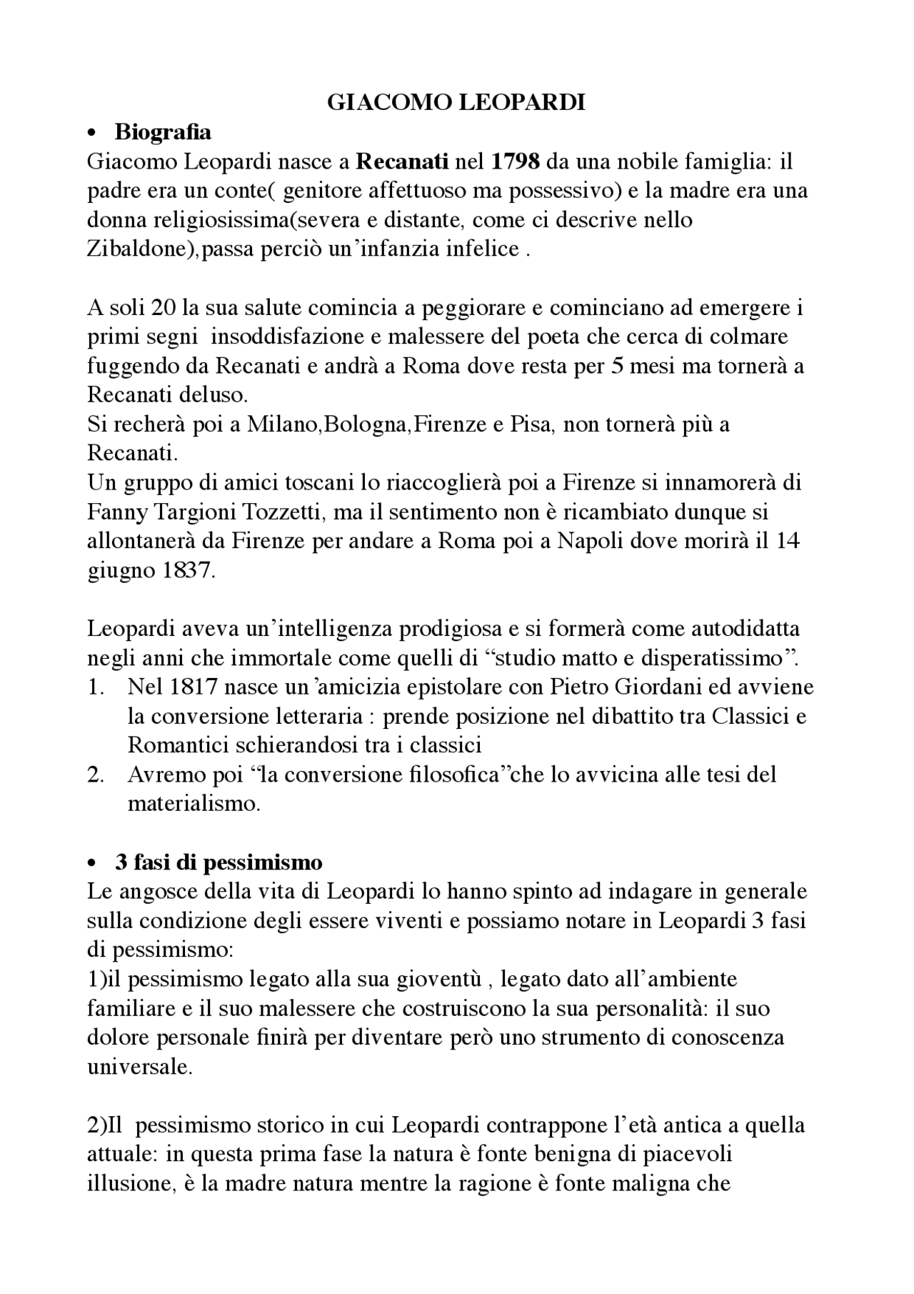 Giacomo Leopardi: Biografia e Pensiero | Appunti di Italiano | Docsity