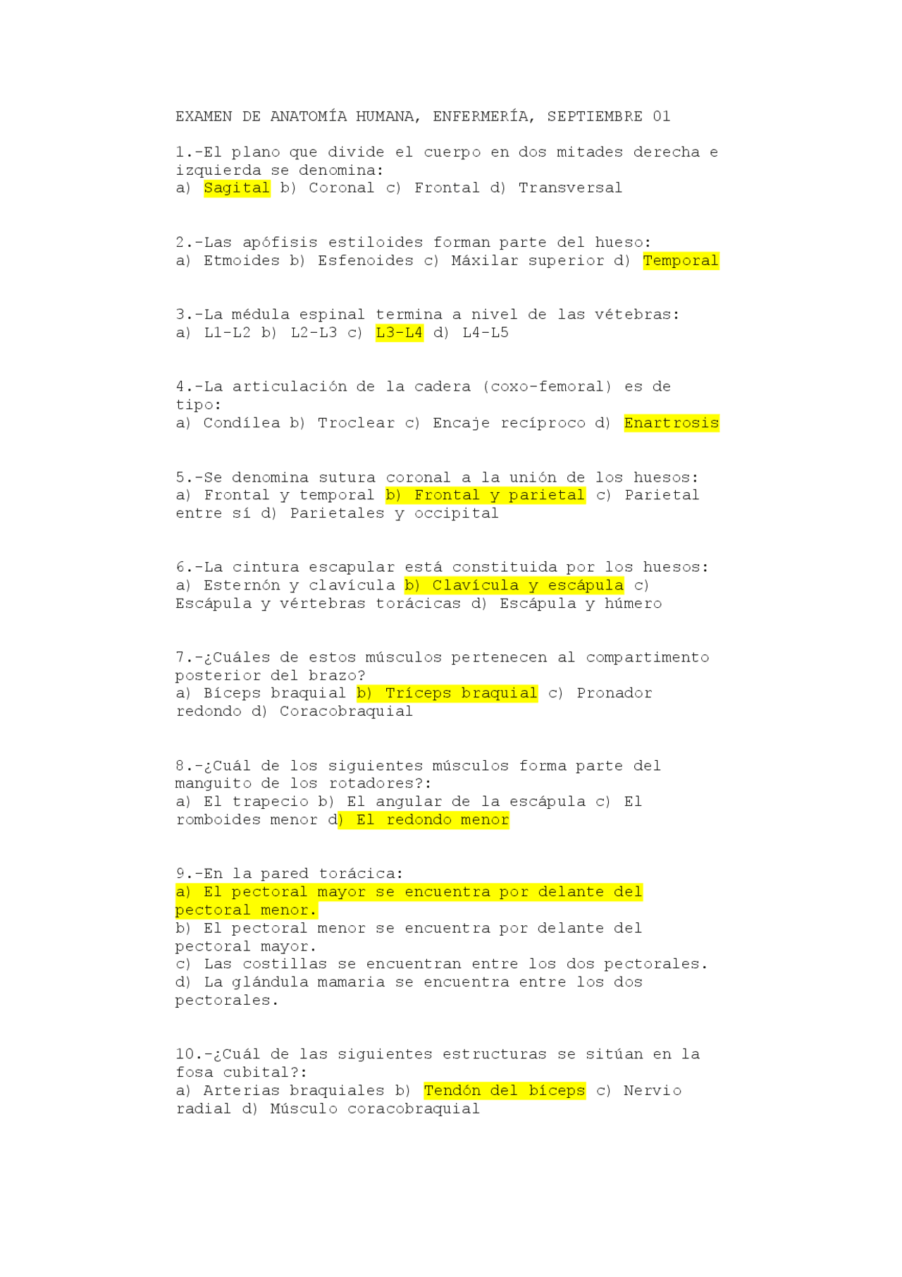 Examen Anatomía Del Año 2001 Exámenes De Anatomía Docsity