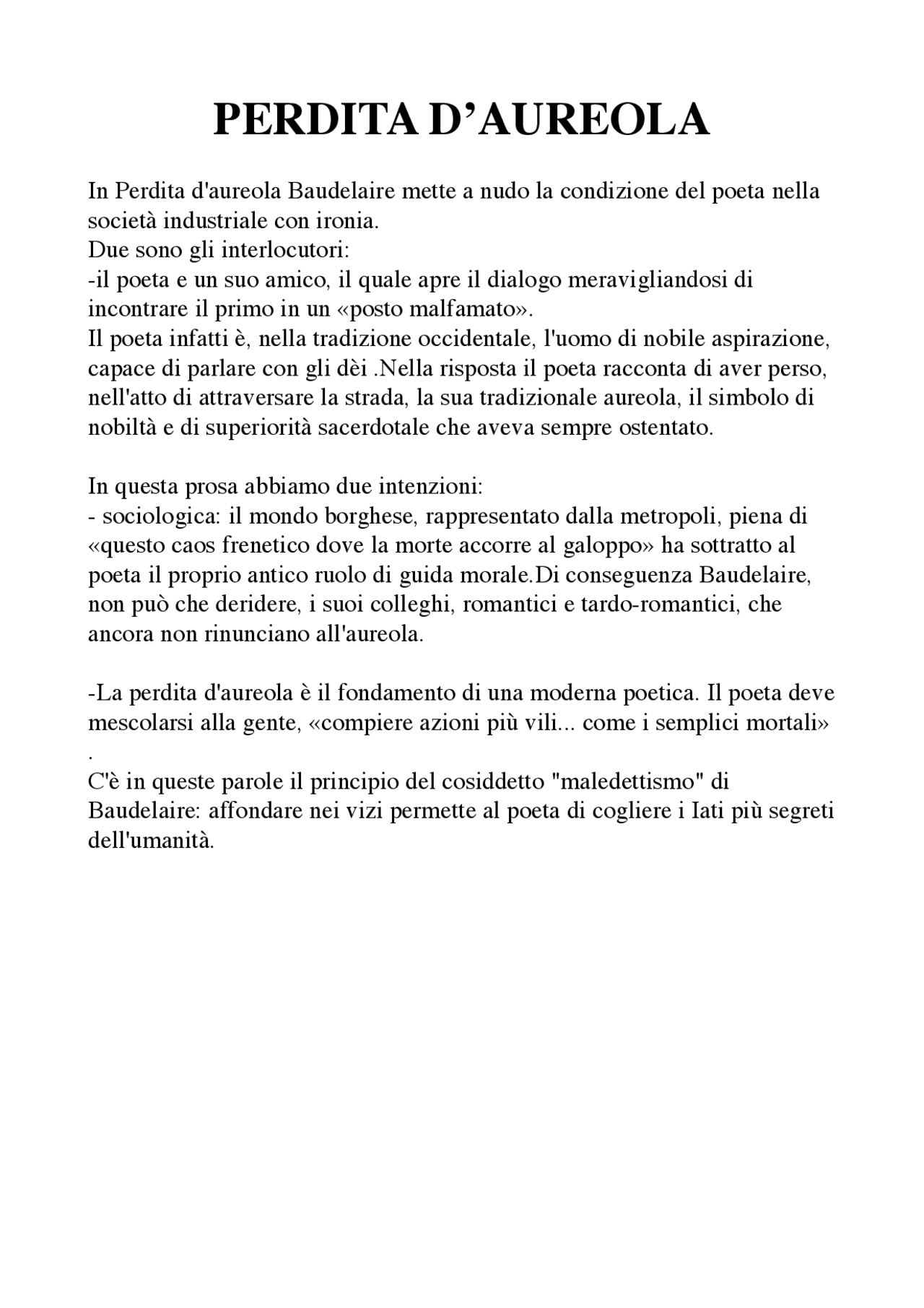 Perdita Daureola Di Baudelaire Appunti Di Italiano Docsity