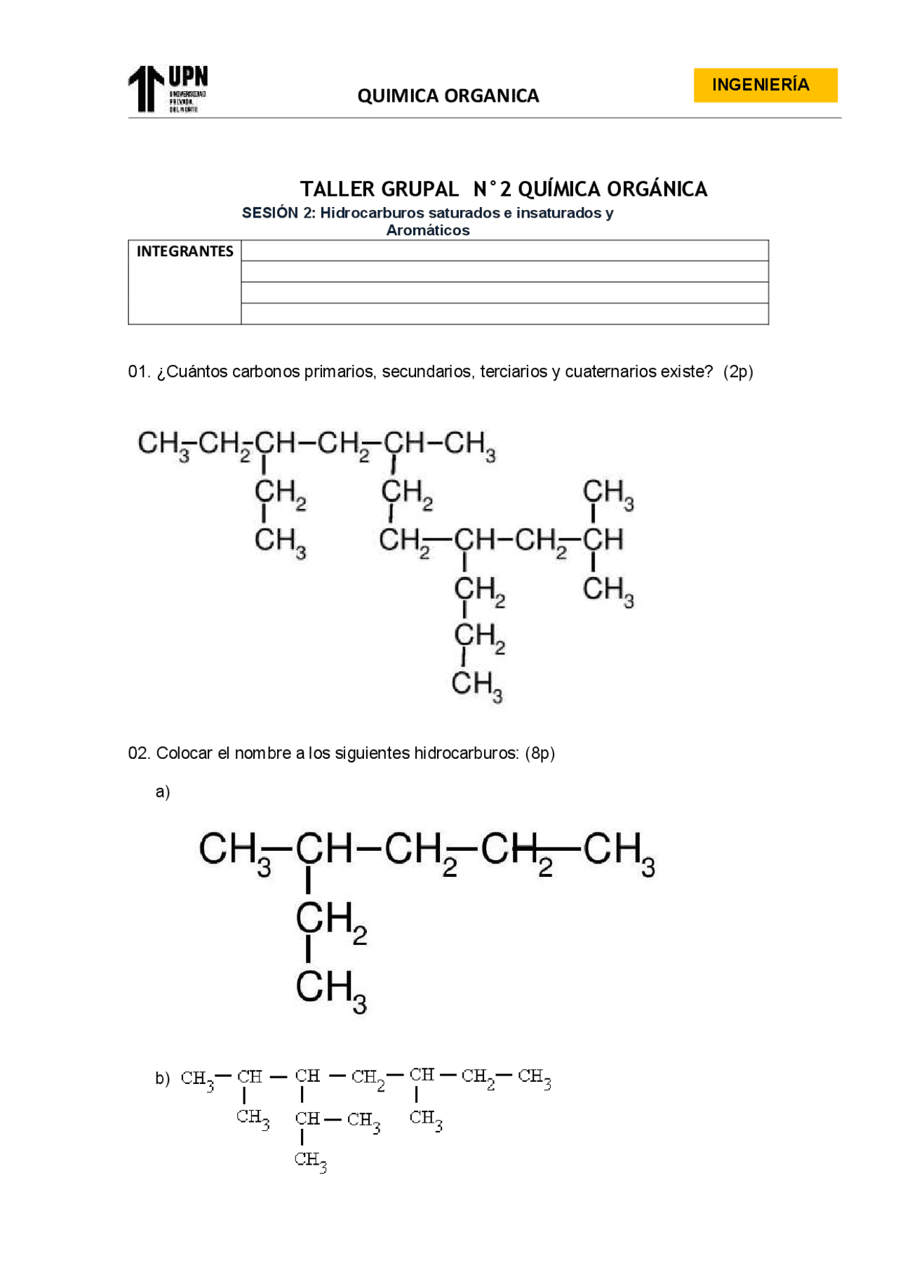 Taller 1 Quimicaa Organica Ejercicios De Química Orgánica Docsity