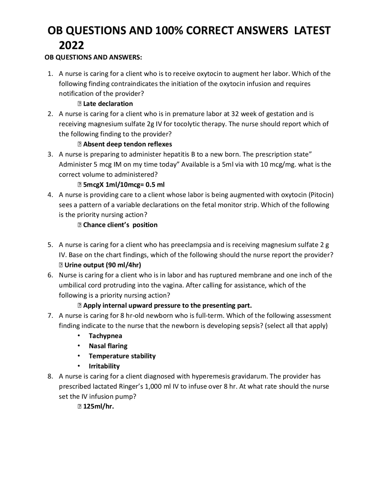 OB QUESTIONS AND 100% CORRECT ANSWERS (LATEST 2022) | Exams Nursing ...