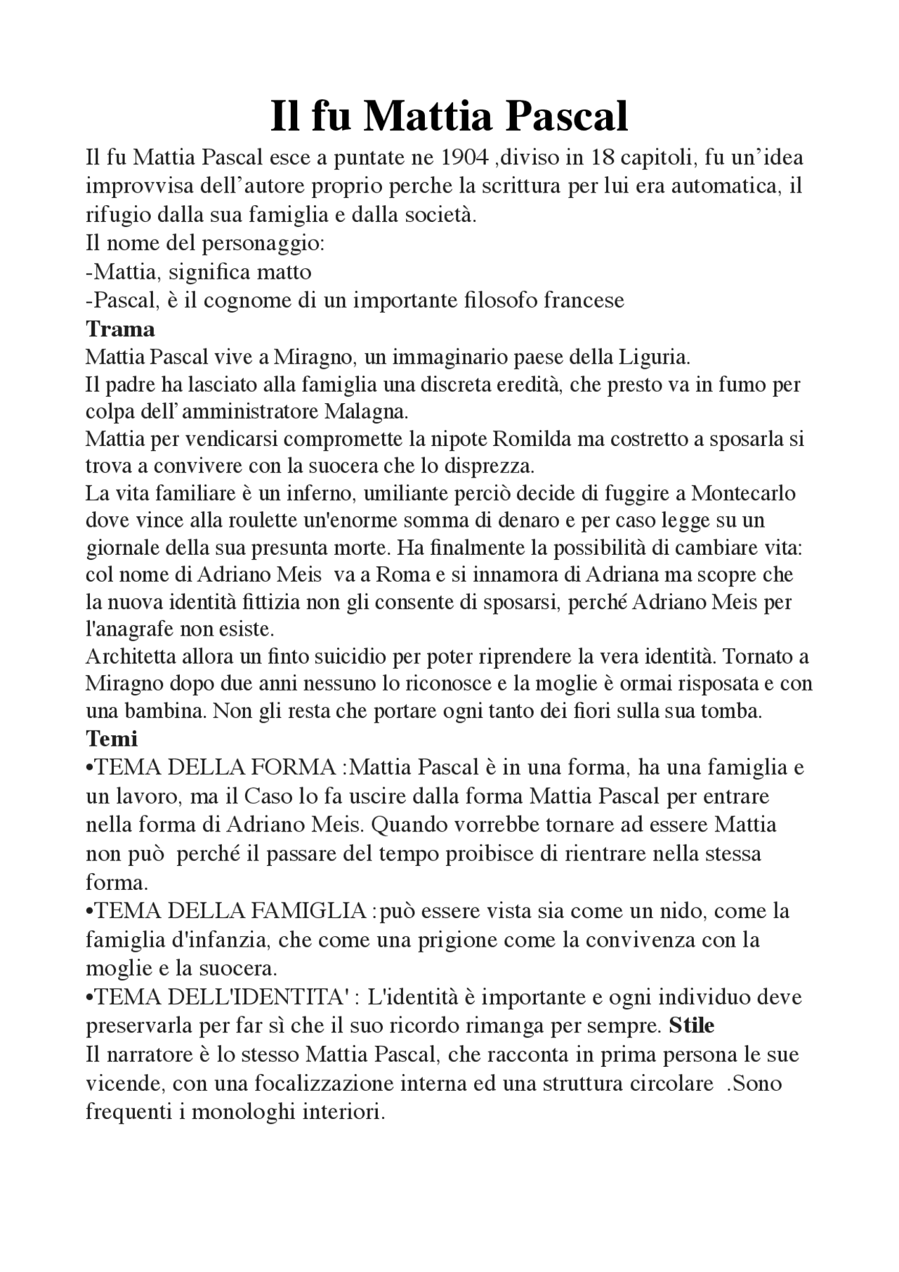 Il Fu Mattia Pascal Di Pirandello Appunti Di Italiano Docsity