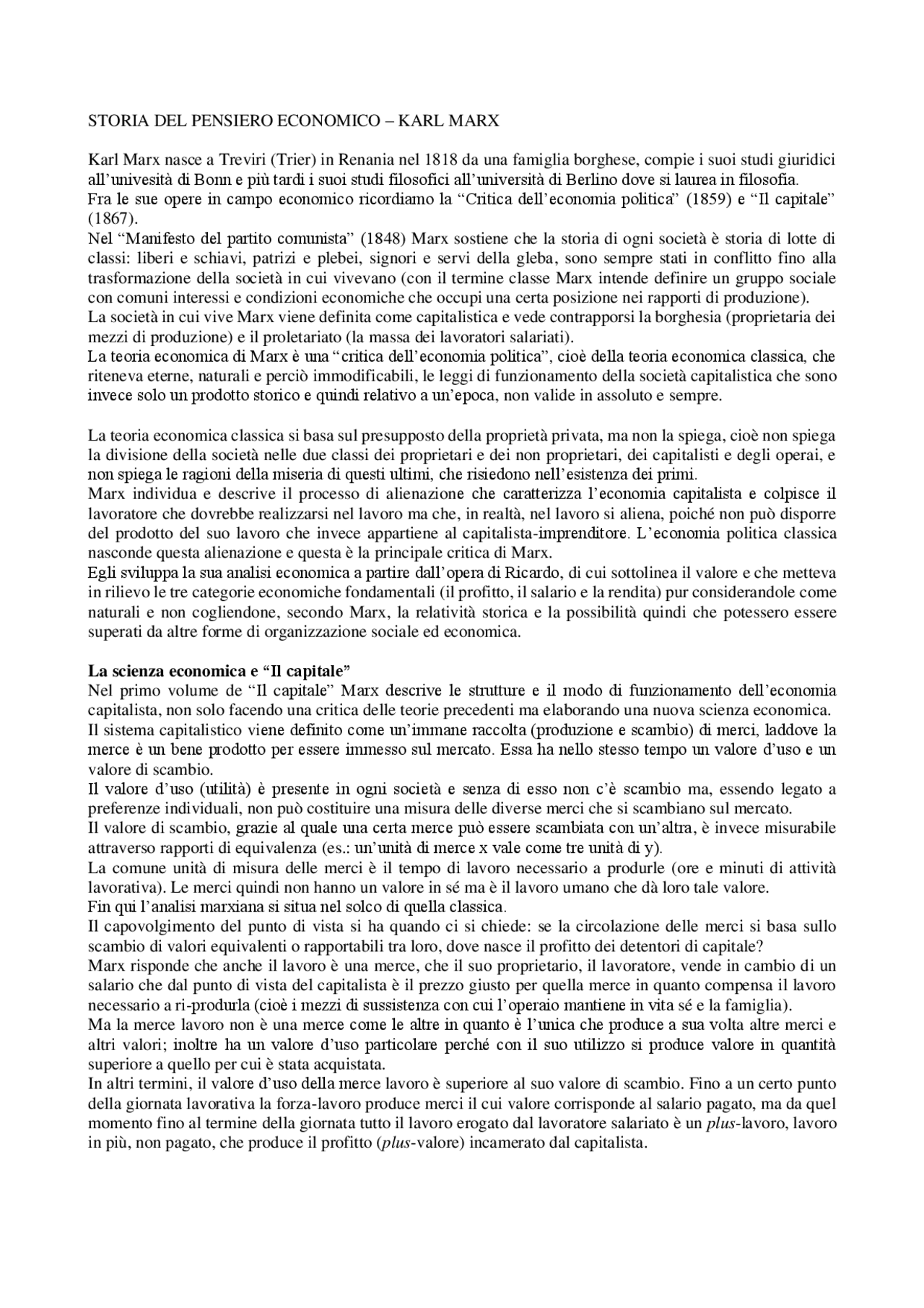 Sintesi Su Karl Marx Appunti Di Filosofia Docsity