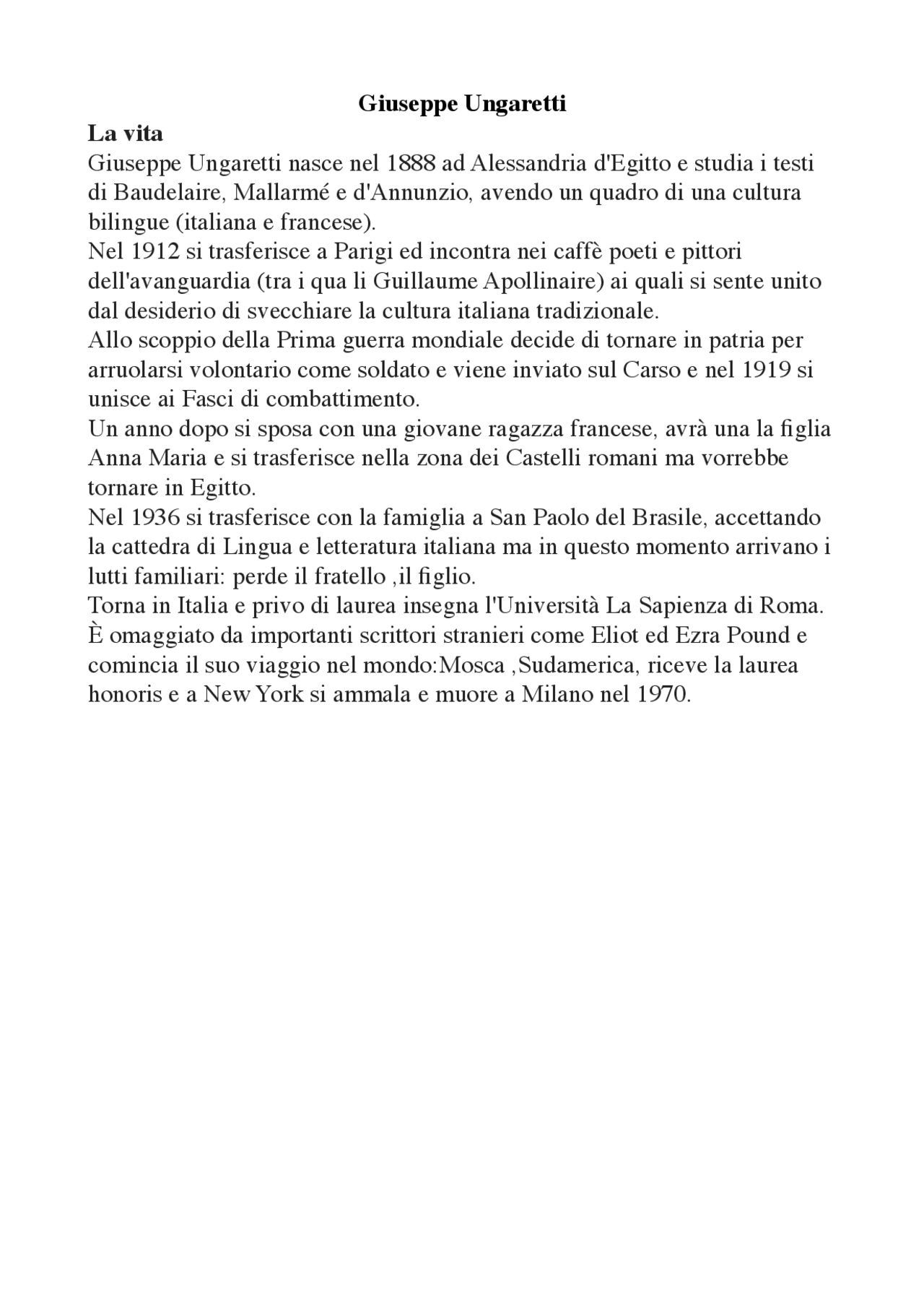 La Vita Di Giuseppe Ungaretti Appunti Di Italiano Docsity