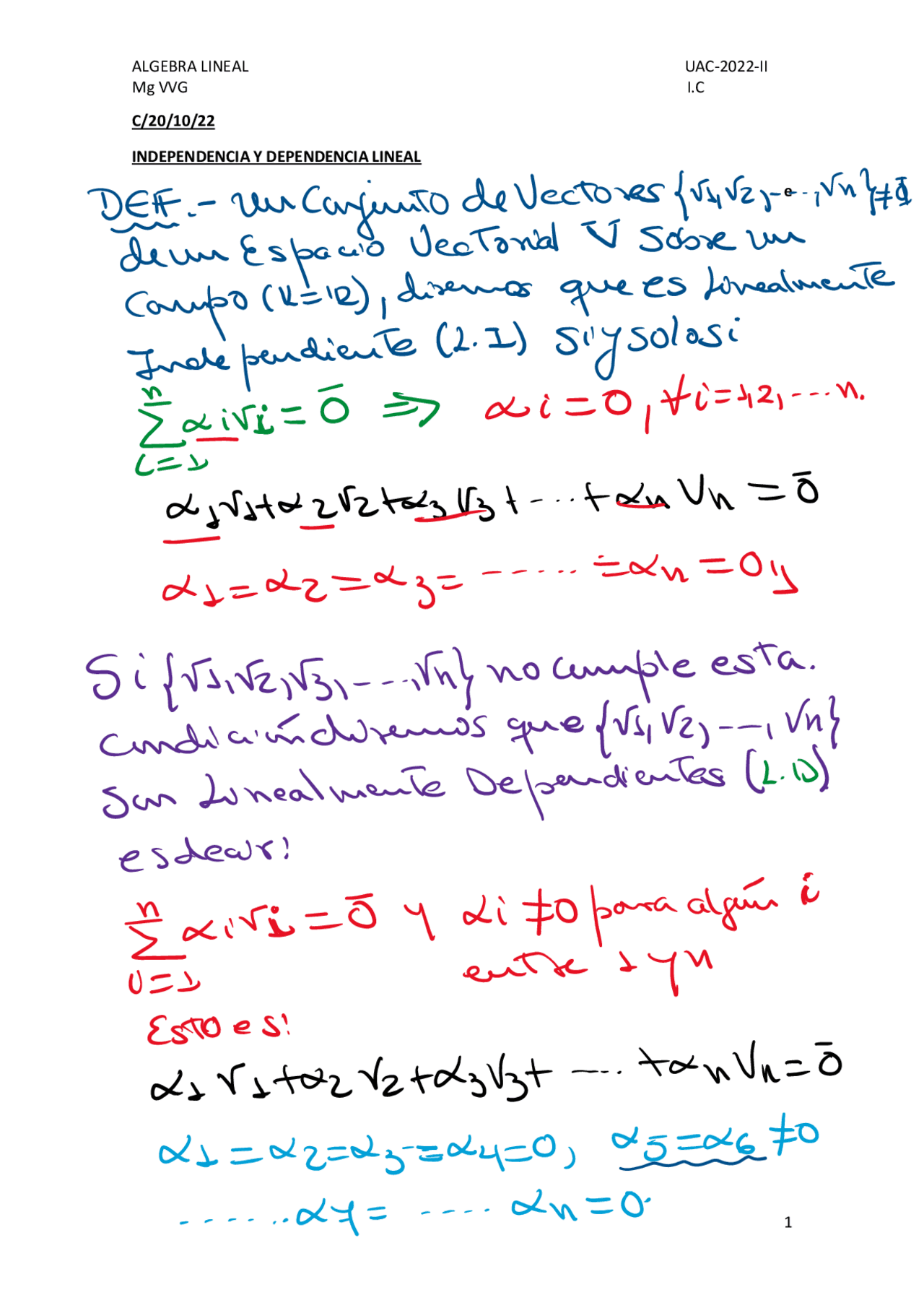 Independencia y dependencia lineal de conjuntos de vectores en Álgebra ...