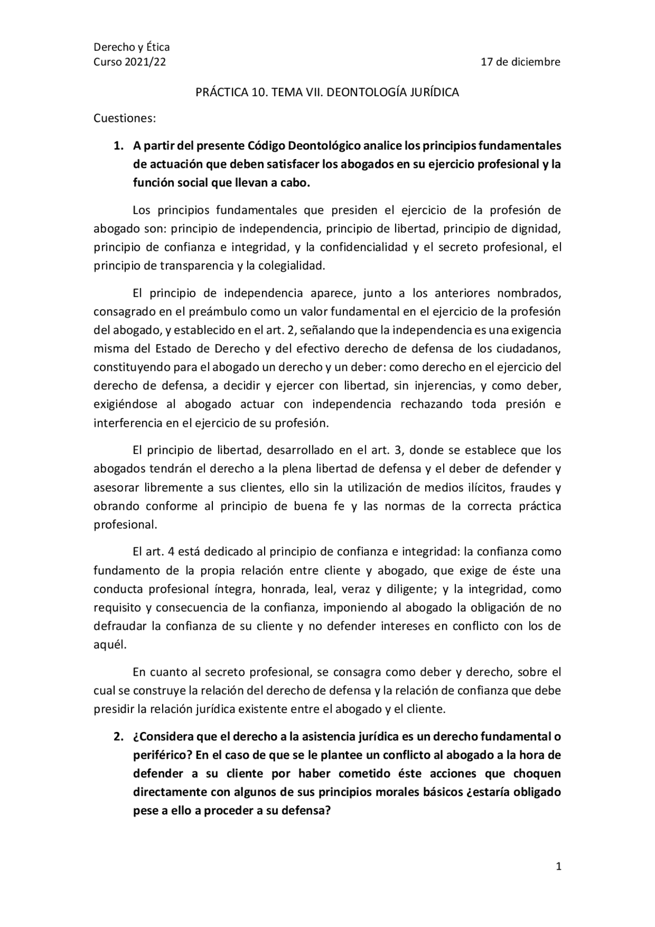 PrÁctica 10 Tema Vii DeontologÍa JurÍdica Ejercicios De Ética Docsity