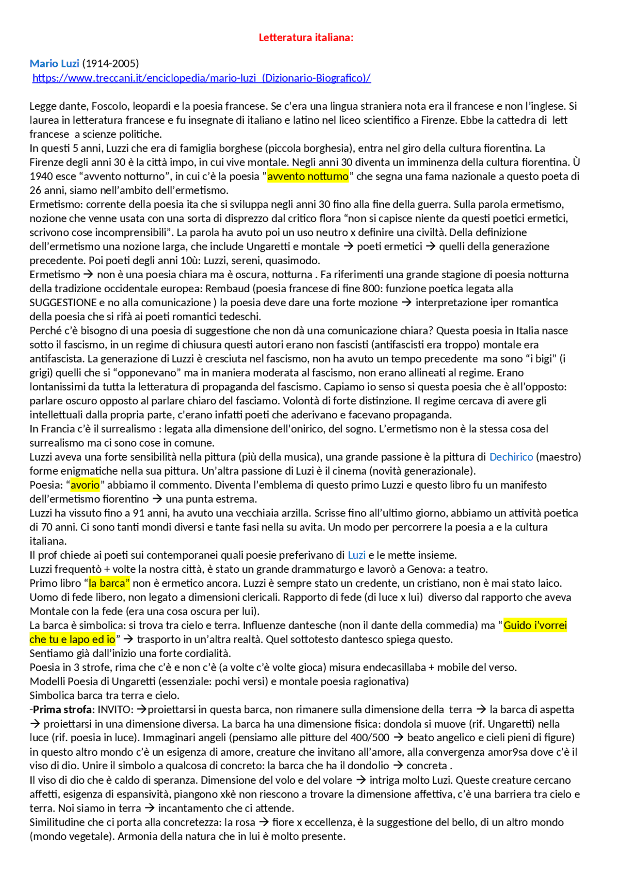 Mario Luzi Riassunto Delle Lezioni Prof Verdino Appunti Di